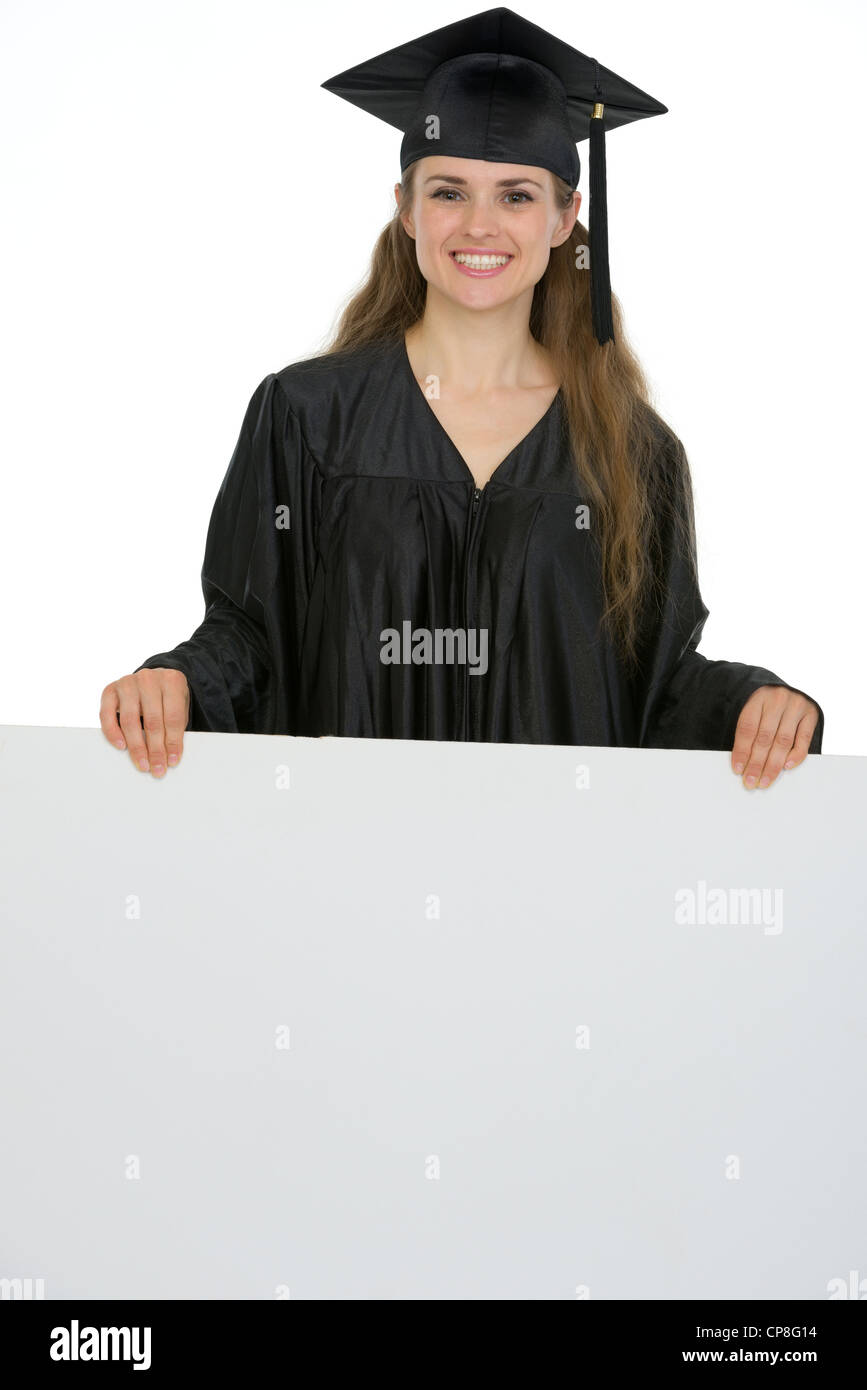 Happy graduation student woman holding blank billboard Stock Photo - Alamy