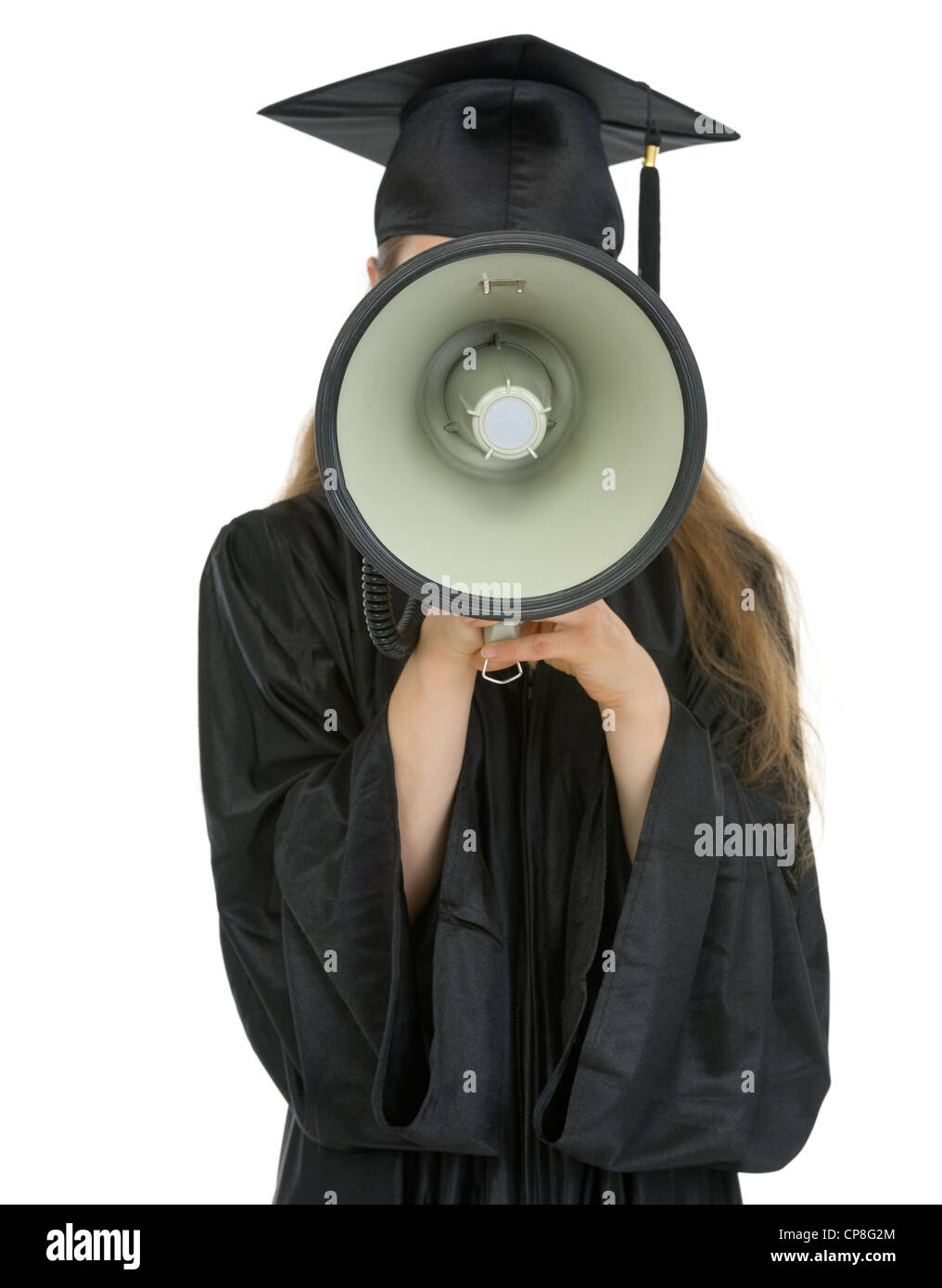 Graduation student speaking megaphone into camera Stock Photo - Alamy