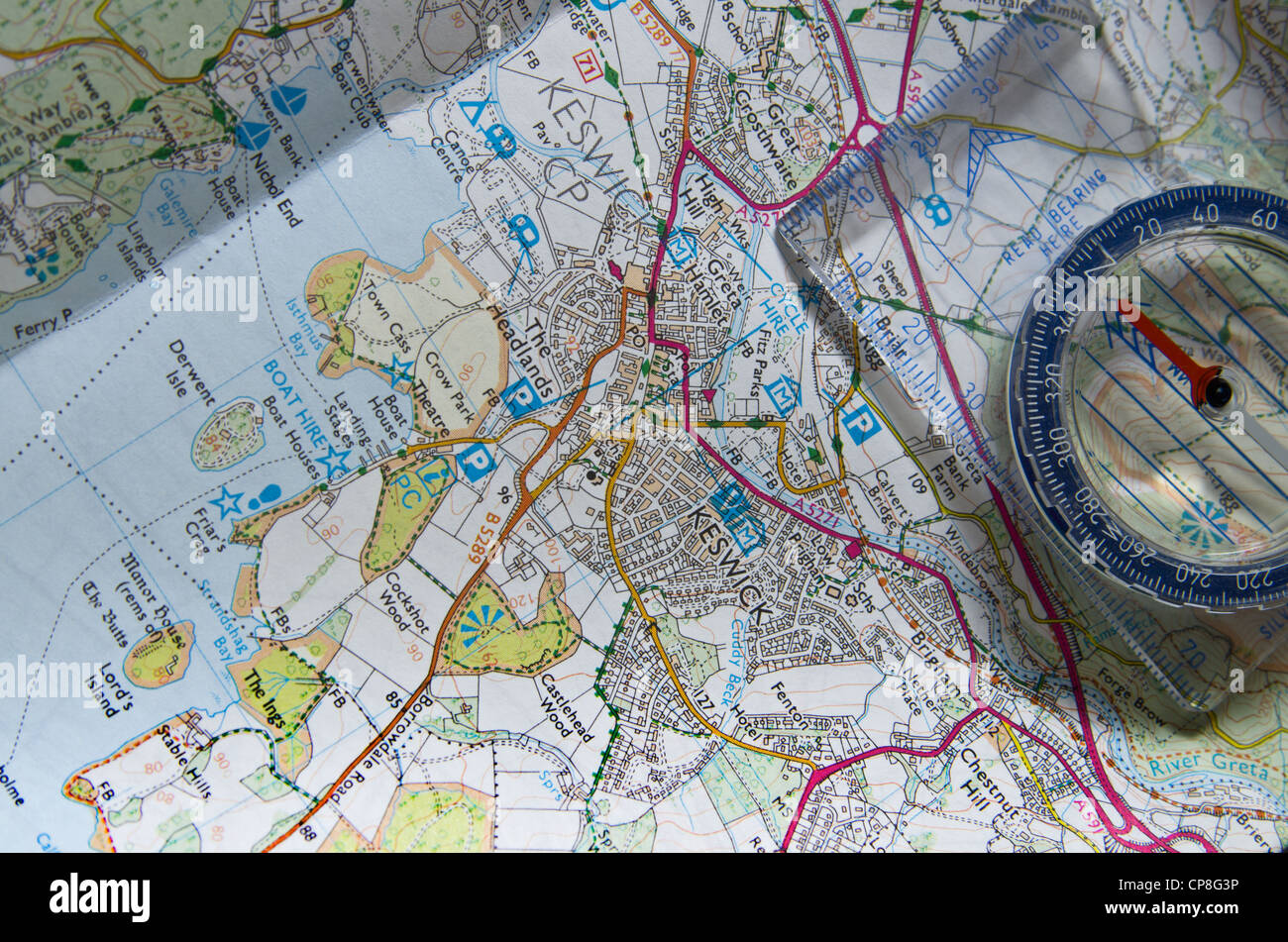 Ordnance Survey map of Derwent Water with compass Stock Photo - Alamy