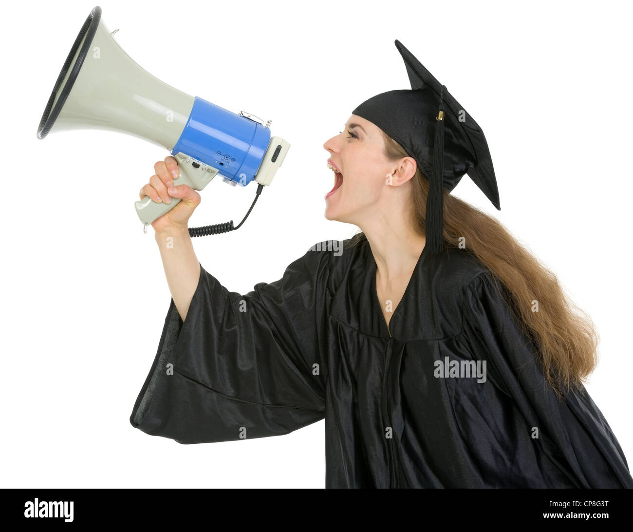 Graduation student shouting through megaphone Stock Photo - Alamy