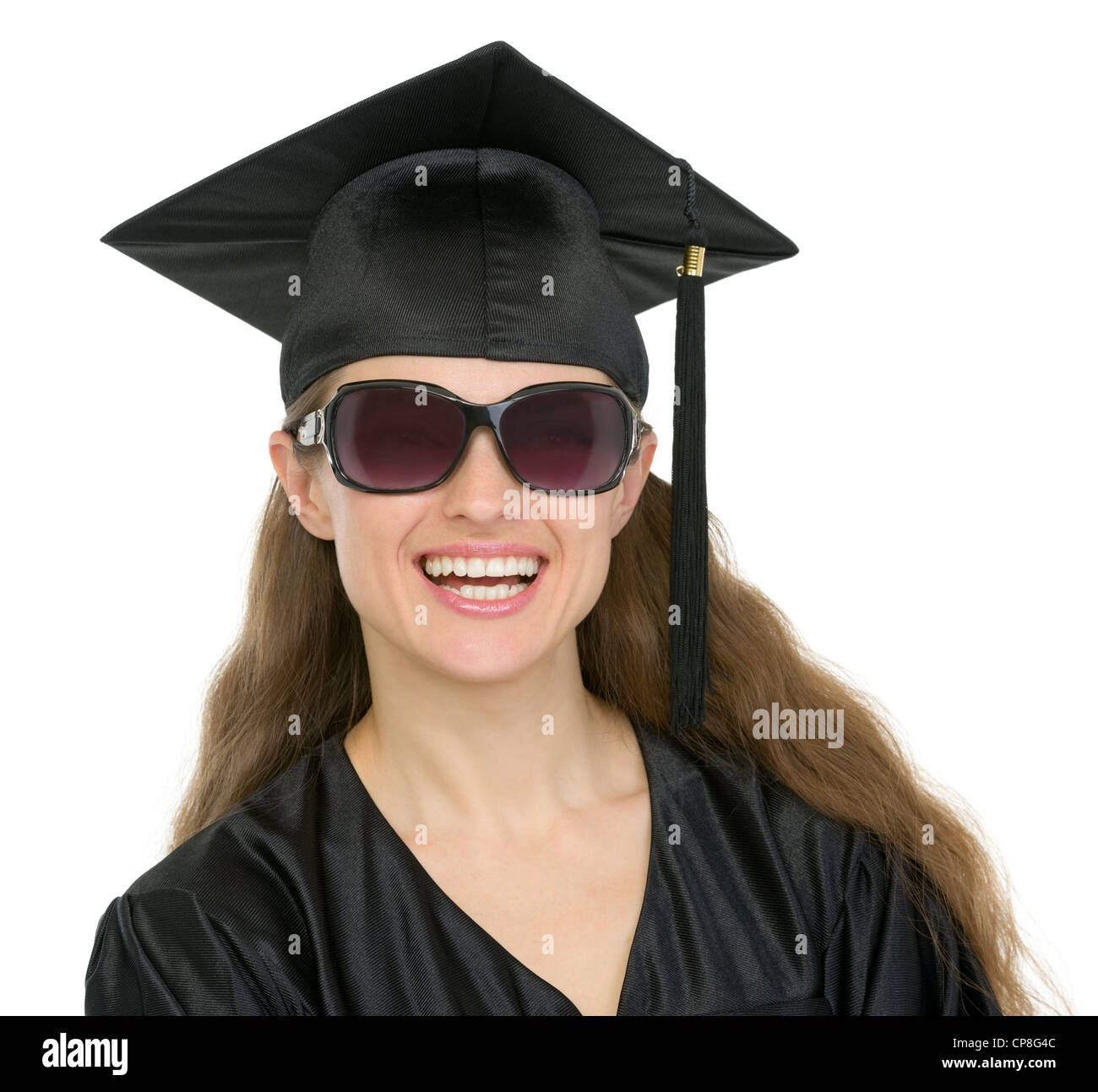 Portrait of happy graduation student girl with sunglasses Stock Photo ...