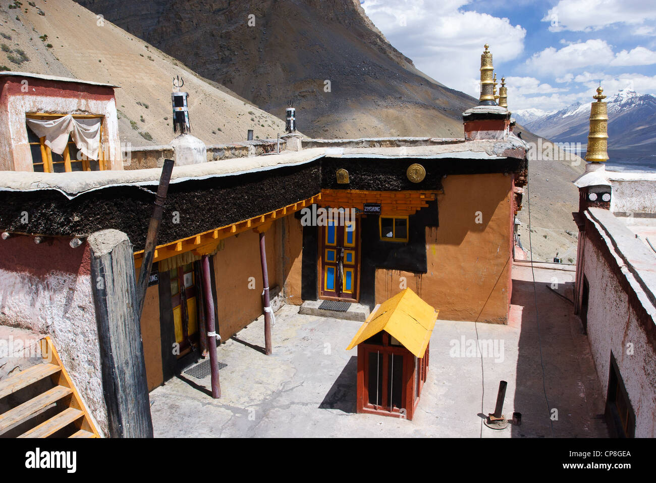 A small shrine on a roof of an ancient tibetan Ki monastery, Spiti ...