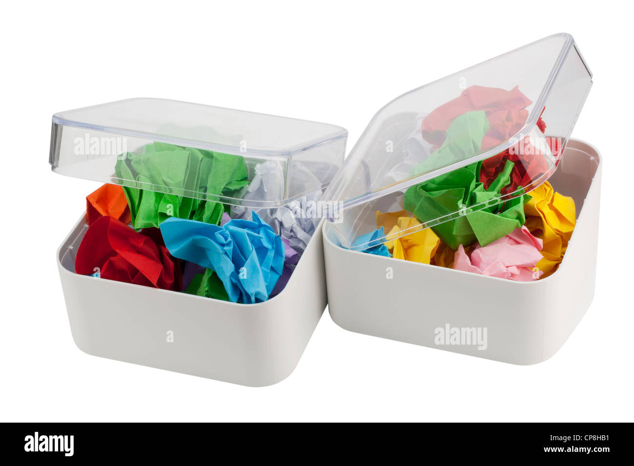 Isolated plastic boxes with crushed paper, recycle bins concept. With ...