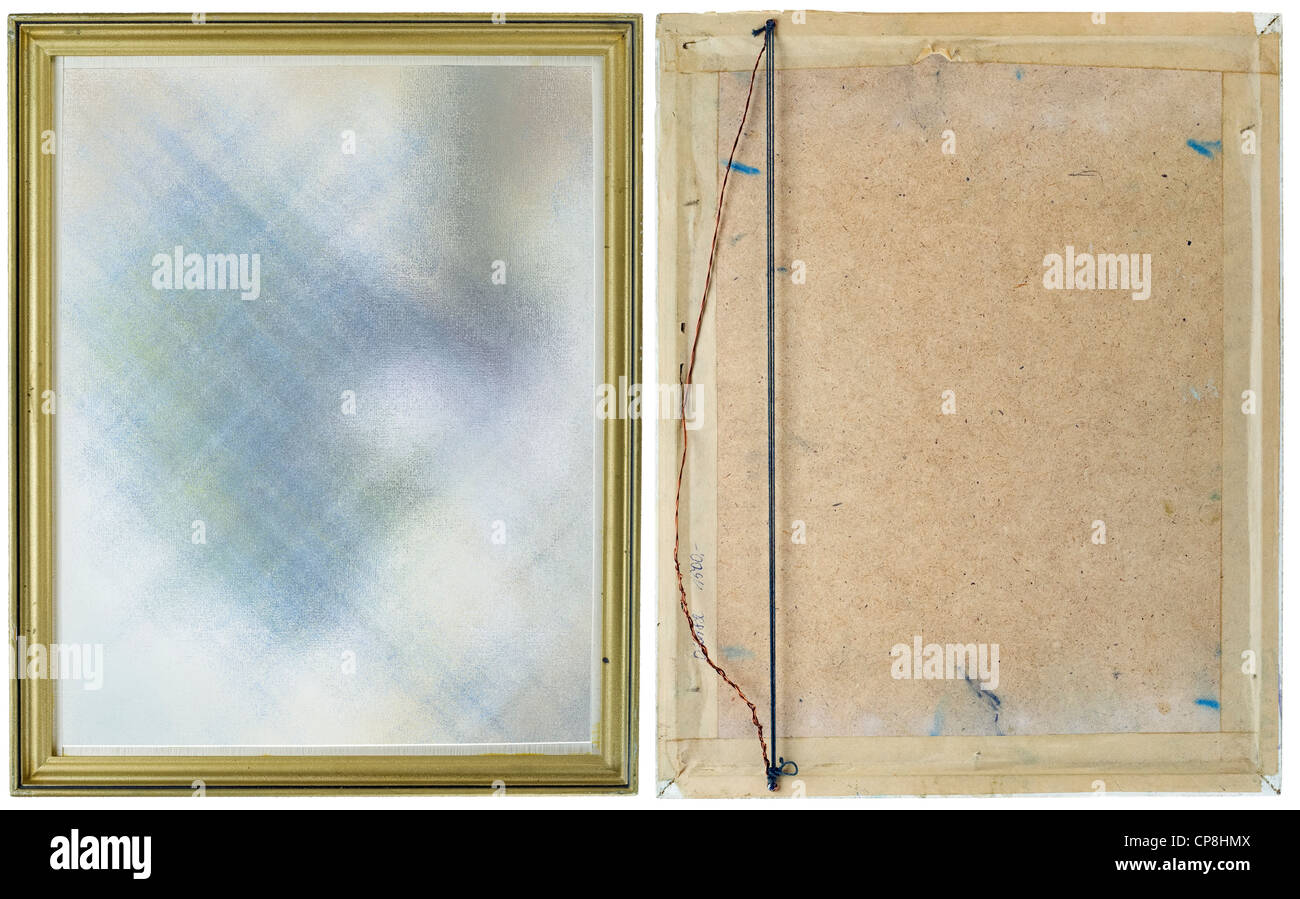 Old dirty yellow frame for a picture, the front and back view. Isolated ...