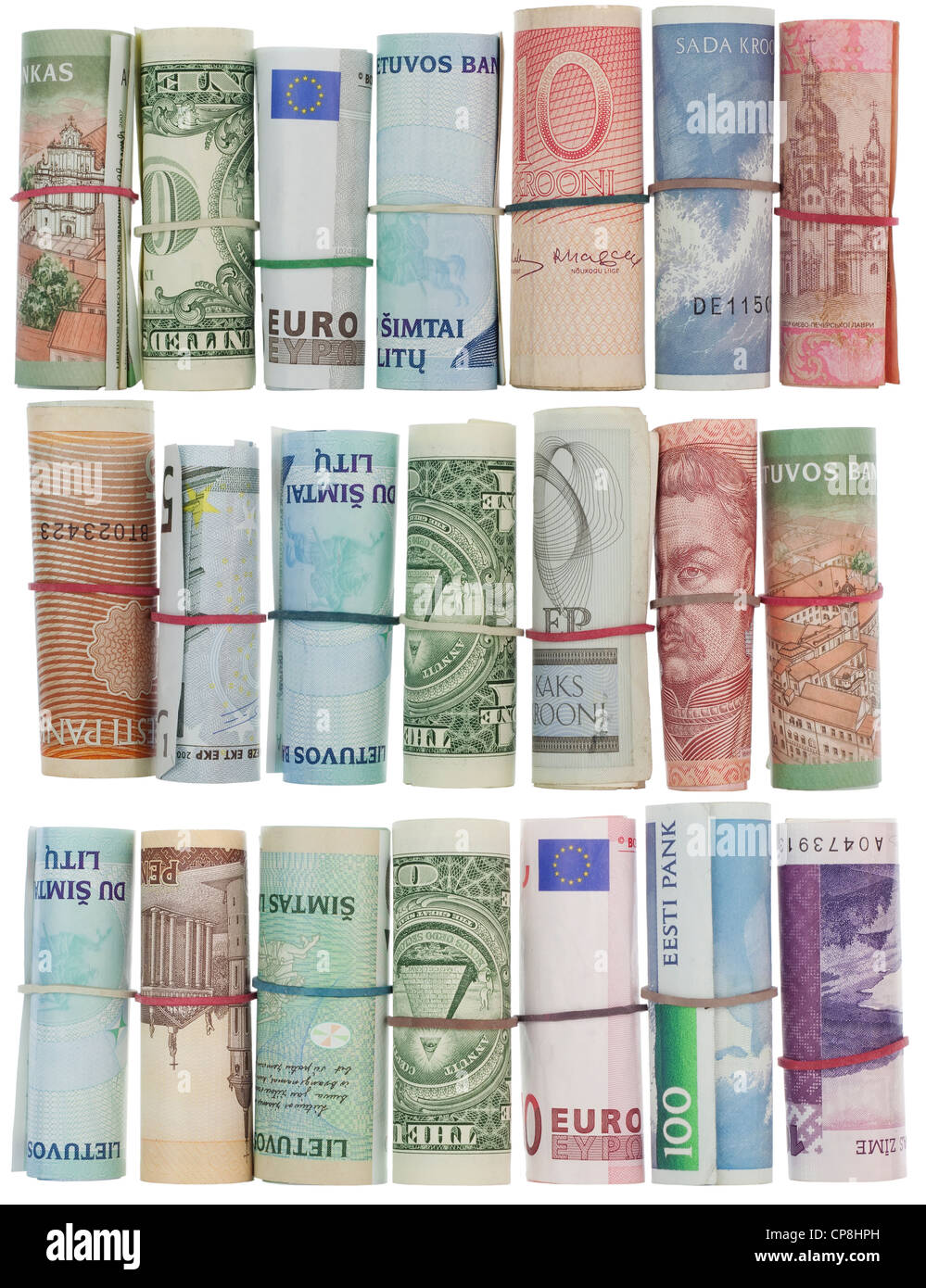Rolls of money currency background on white Stock Photo - Alamy