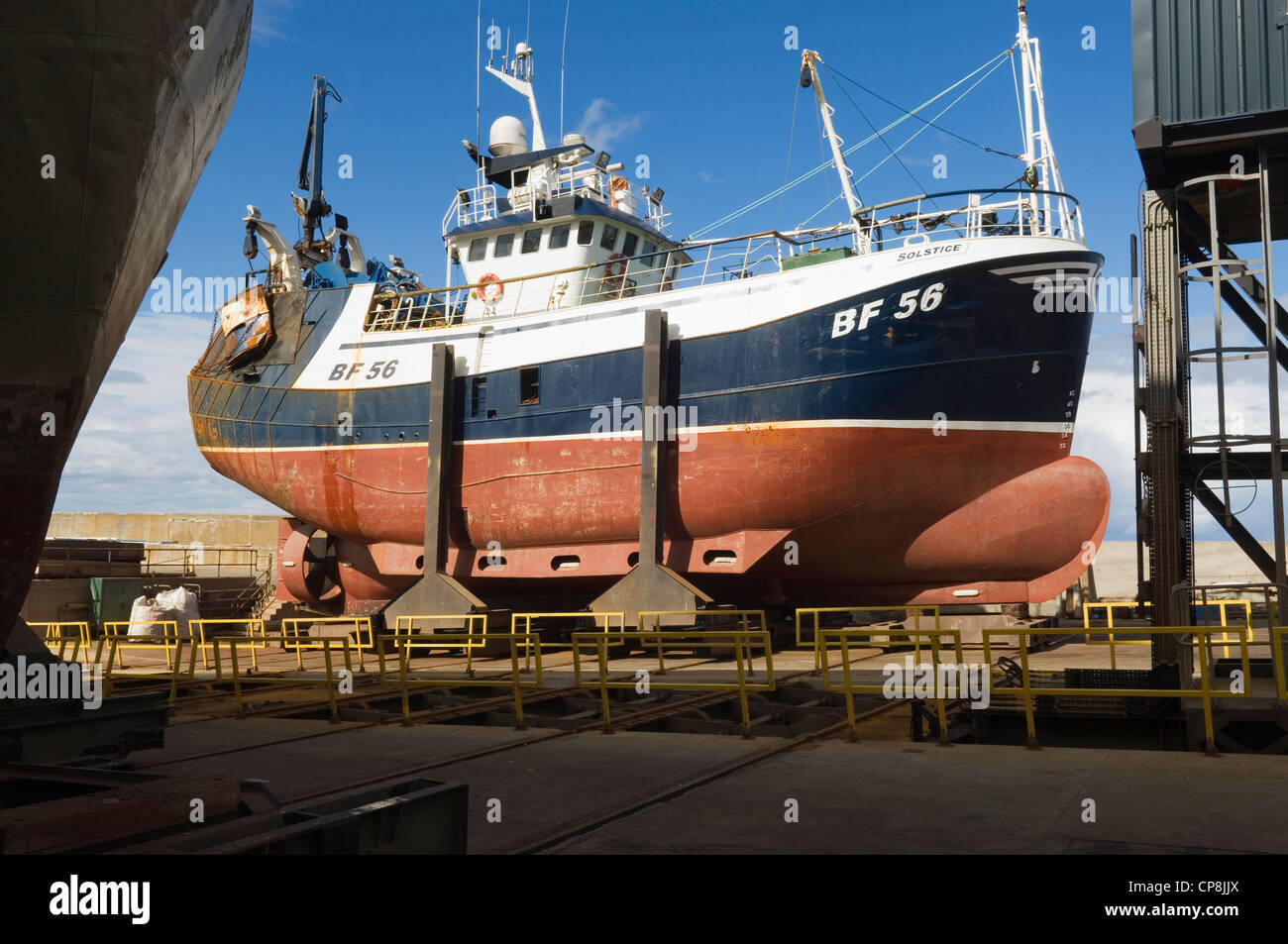 Trawler out of water in a boatyard, Macduff, Aberdeenshire, Scotland ...