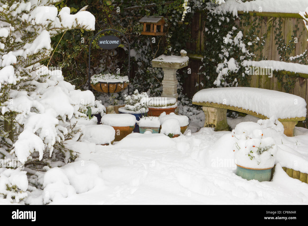Snow covered garden Stock Photo - Alamy