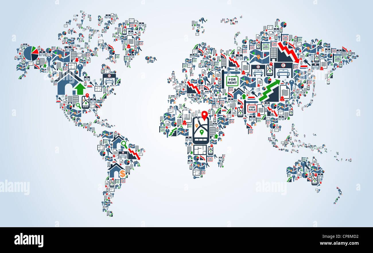 Real estate icon set in Earth Globe map shape background illustration ...