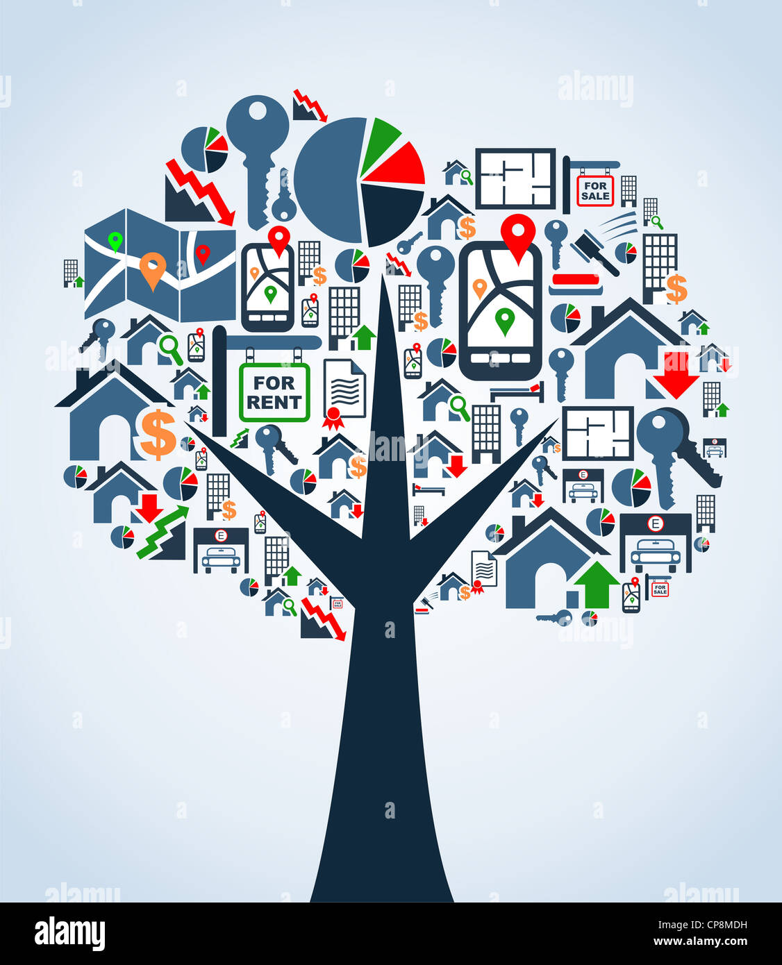 Real estate icon set in tree symbol shape background illustration ...