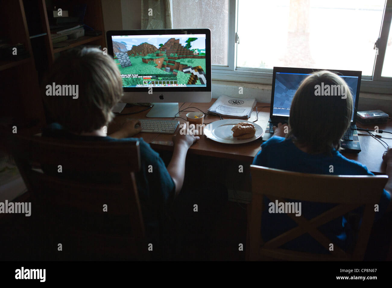 Two boys playing the video game Minecraft at home on computers Stock ...