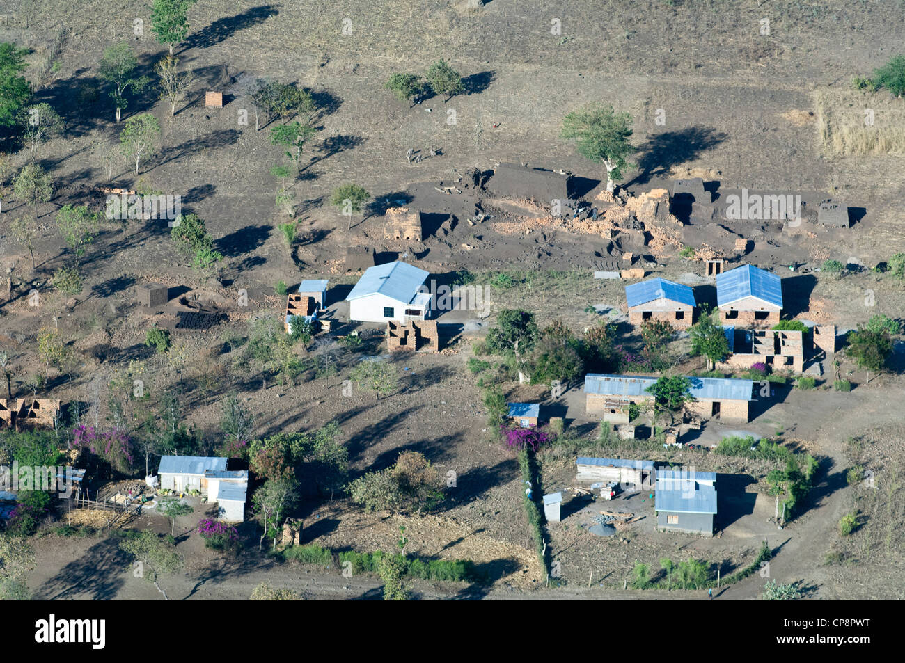 Settlement and brick making site, aerial view, Arusha Region, Tanzania ...