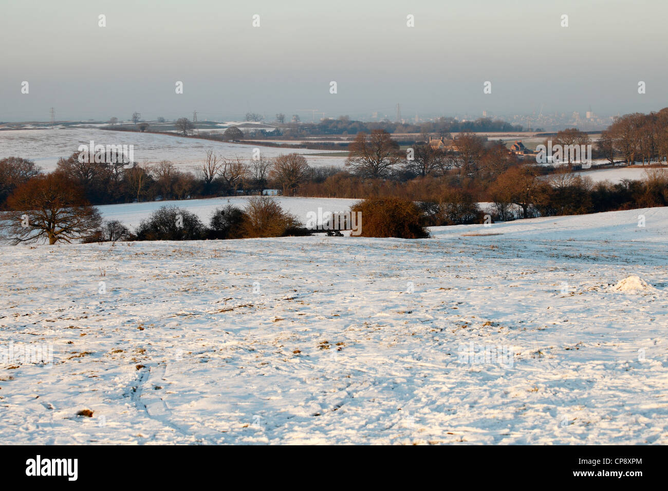Snow on fields, rural winter landscape, "Boars Hill", Oxfordshire ...