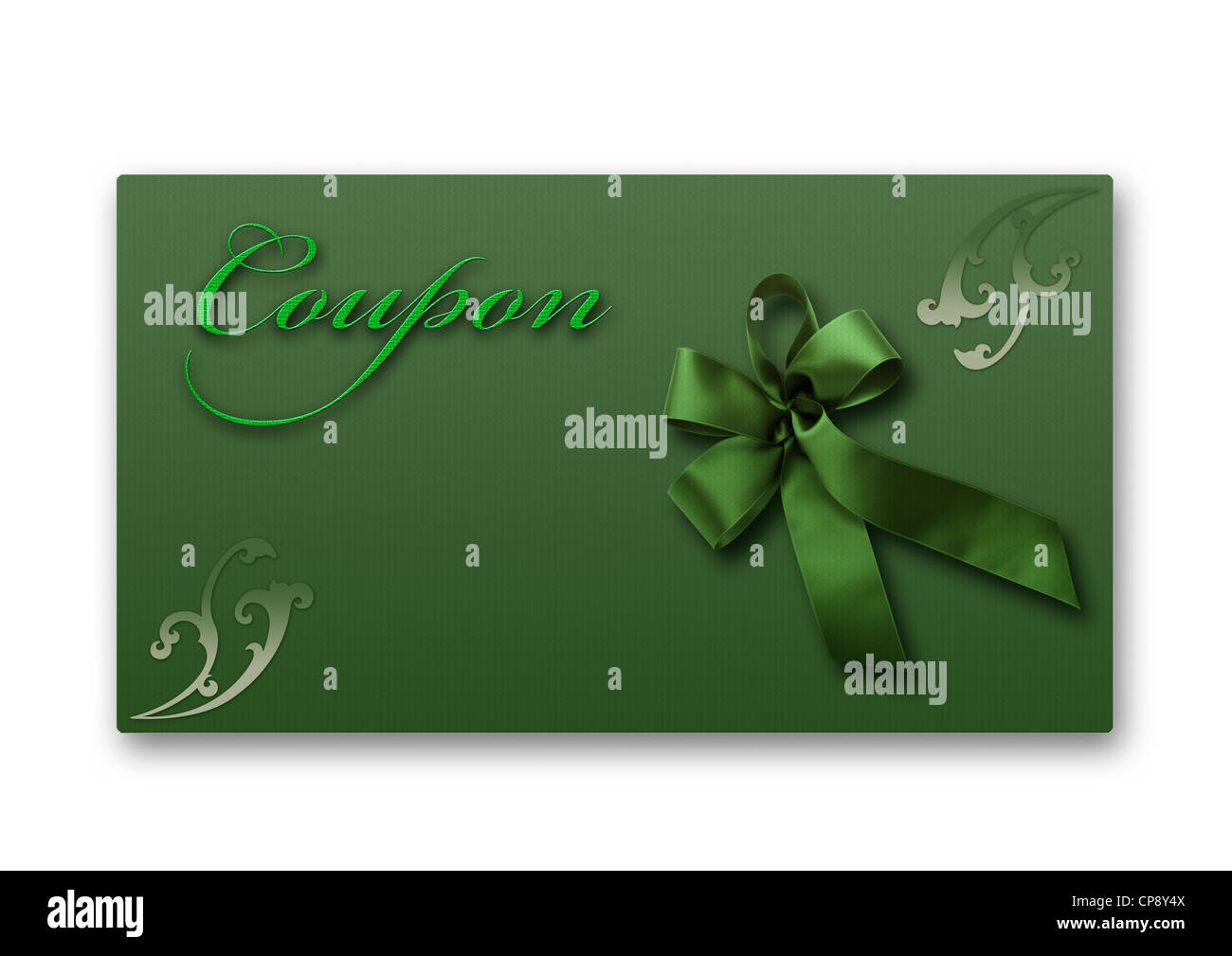 Coupon card with green ribbon against white background, close up Stock ...