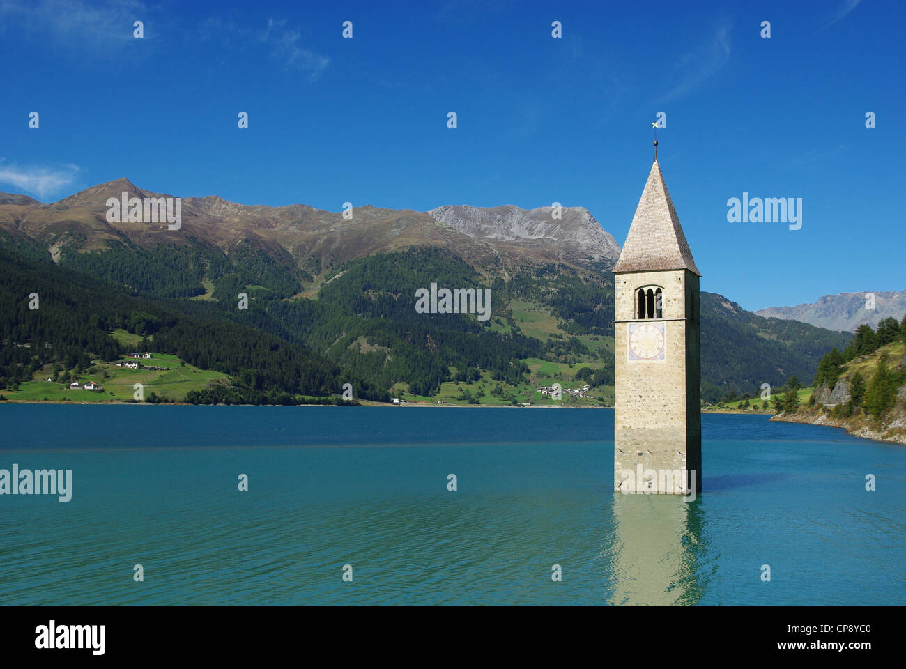 Tower of sunken church in Lake Resia, Italy Stock Photo - Alamy