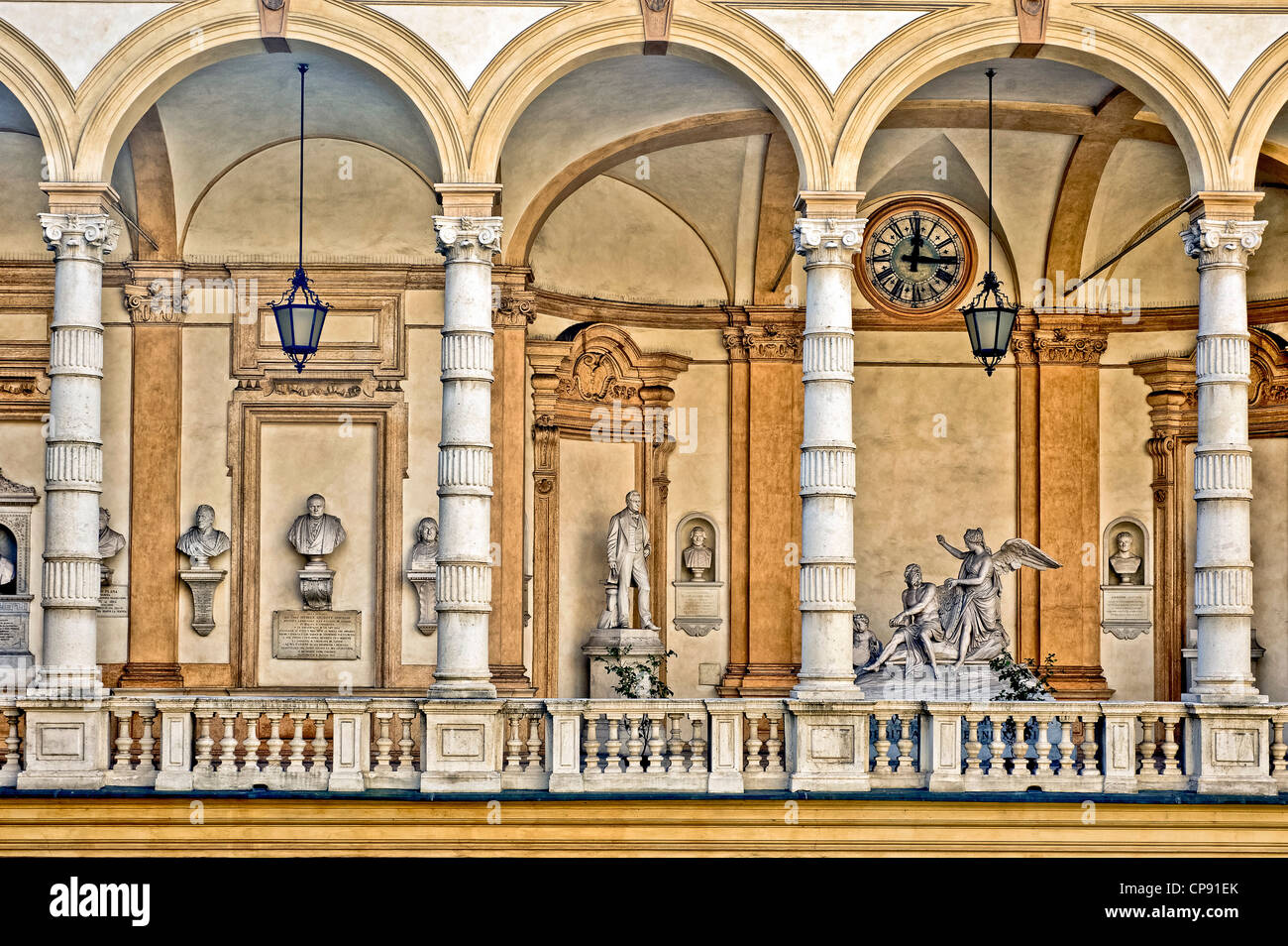 Europe Italy Piedmont Turin Via Po University of statues in the loggia ...