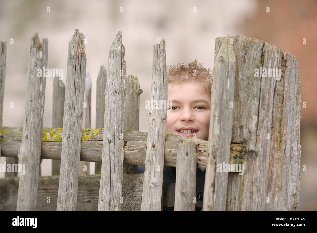 Germany, Bavaria, Boy standing behind fence, portrait, smiling Stock ...