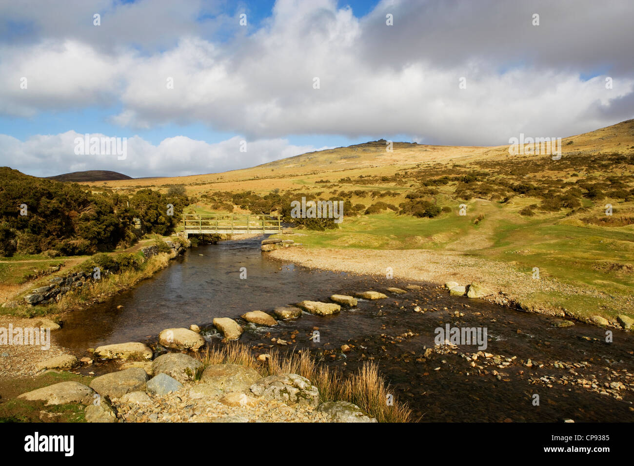View across the River Lyd which has stepping stones crossing it ...