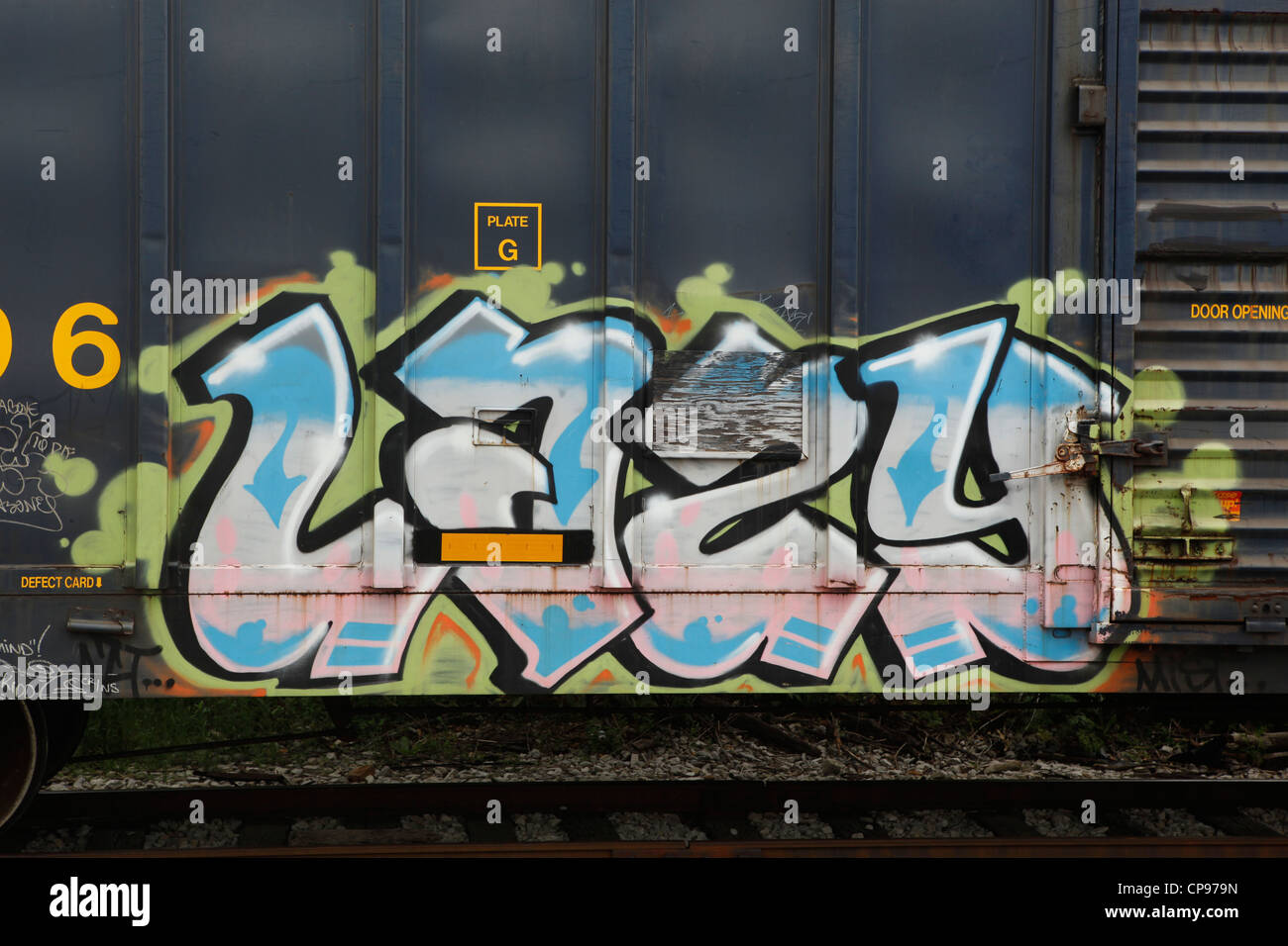 Graffiti on box cars parked tracks bloomington, indiana west side ...