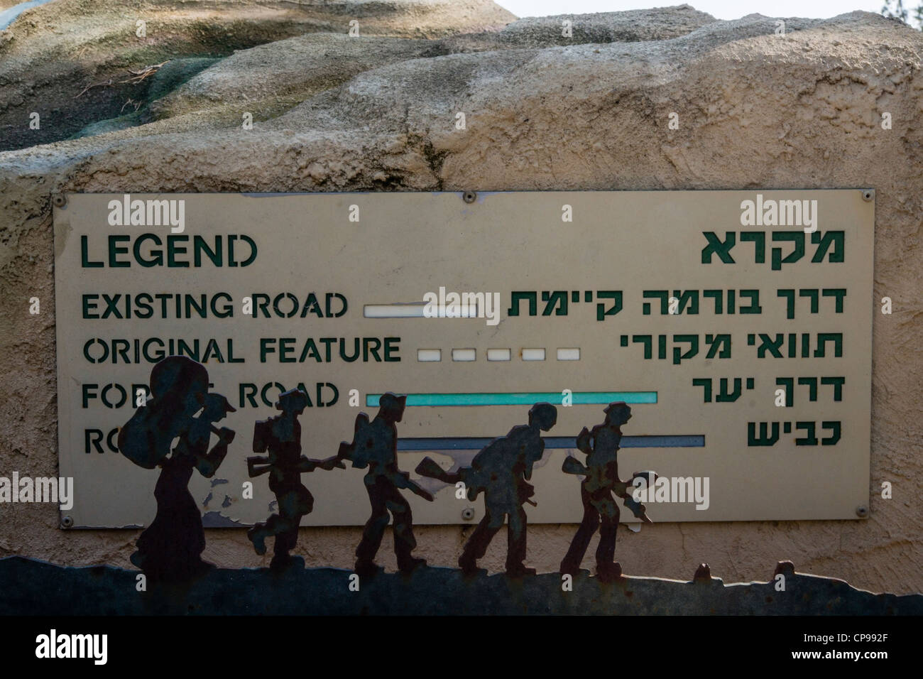 Israel. A Sign with sculpture of soldiers at the "Burma Road" memorial ...