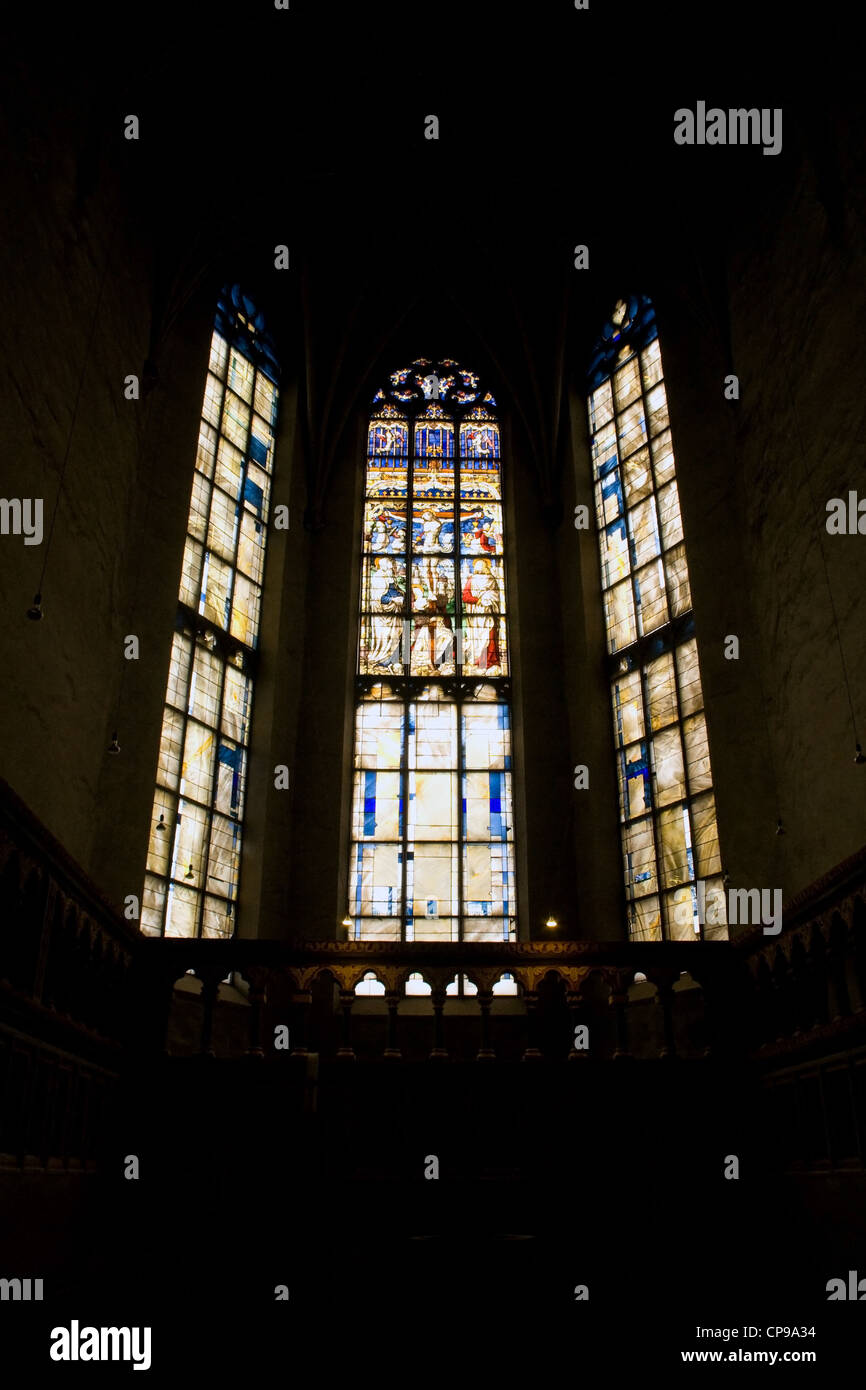 Triple stained glass window of St. Matthias' Abbey Stock Photo - Alamy