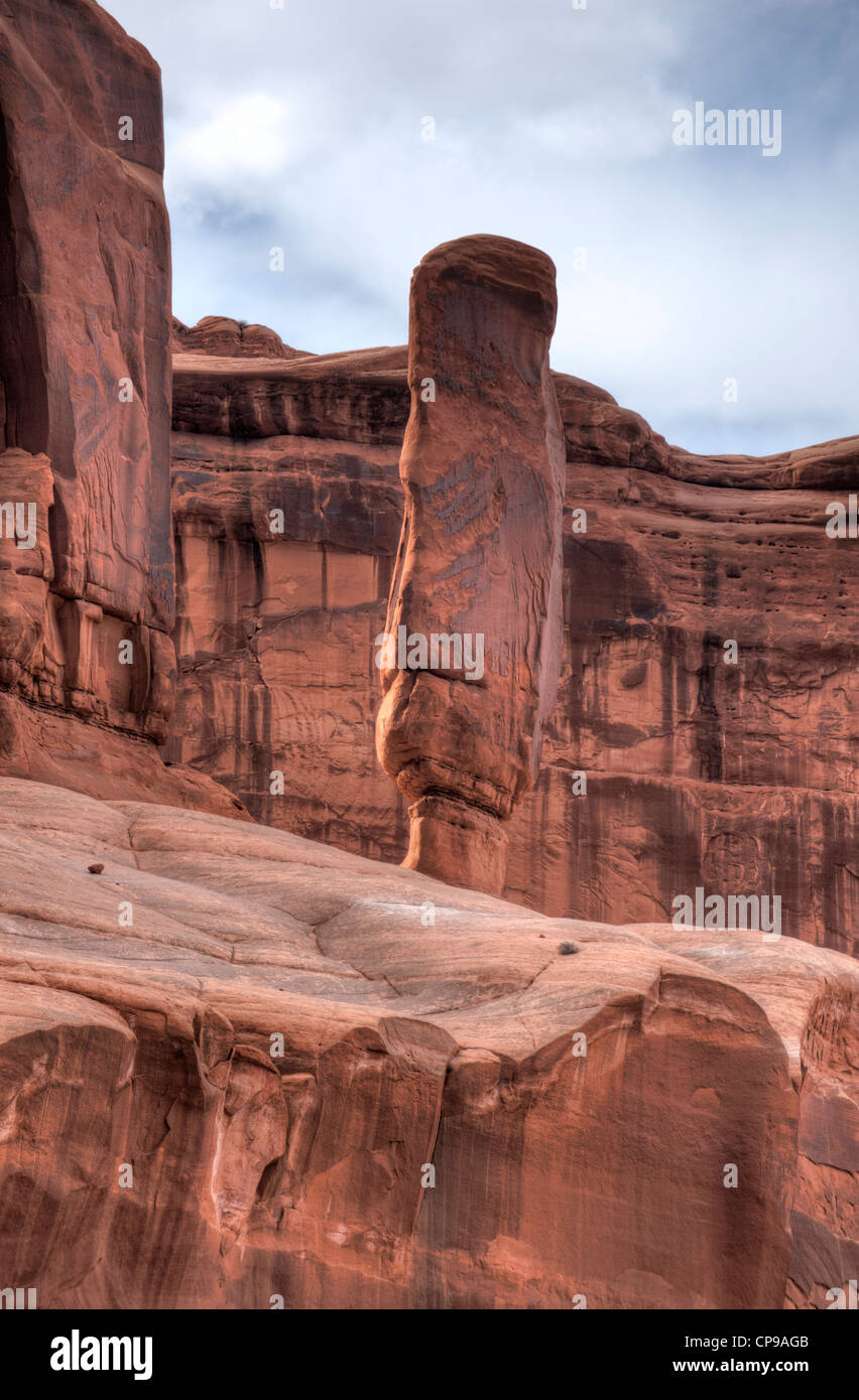 A pillar stands erect at the Park Avenue viewpoint in Arches National ...