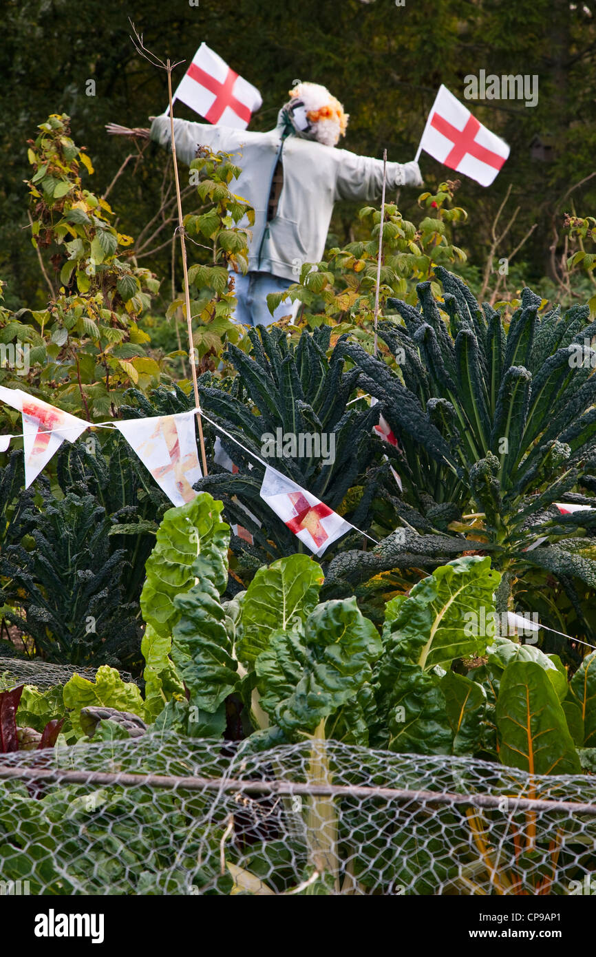 A scarecrow in an allotment with flags supporting the England football ...