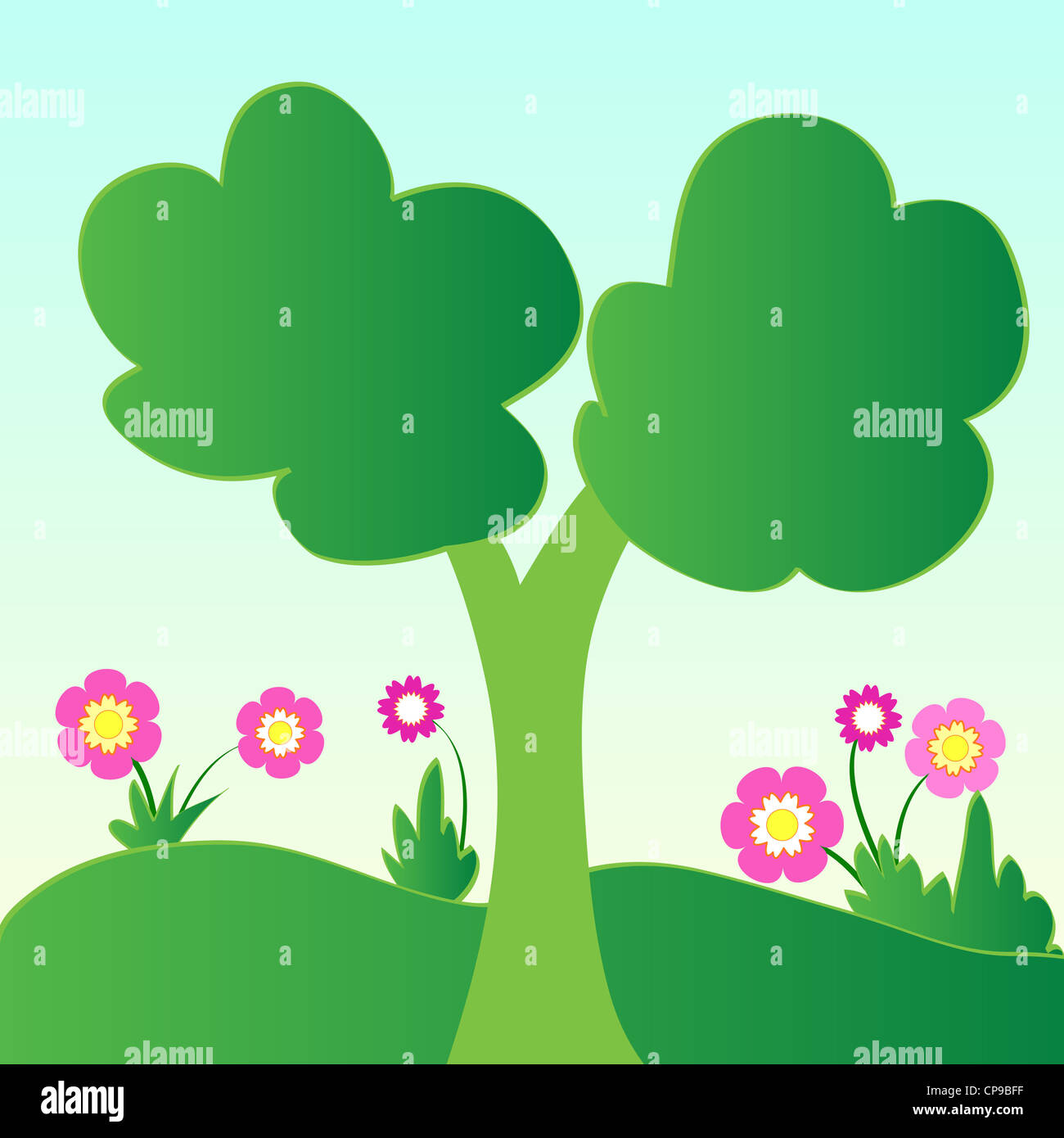 Green tree and flowering plants illustration Stock Photo - Alamy
