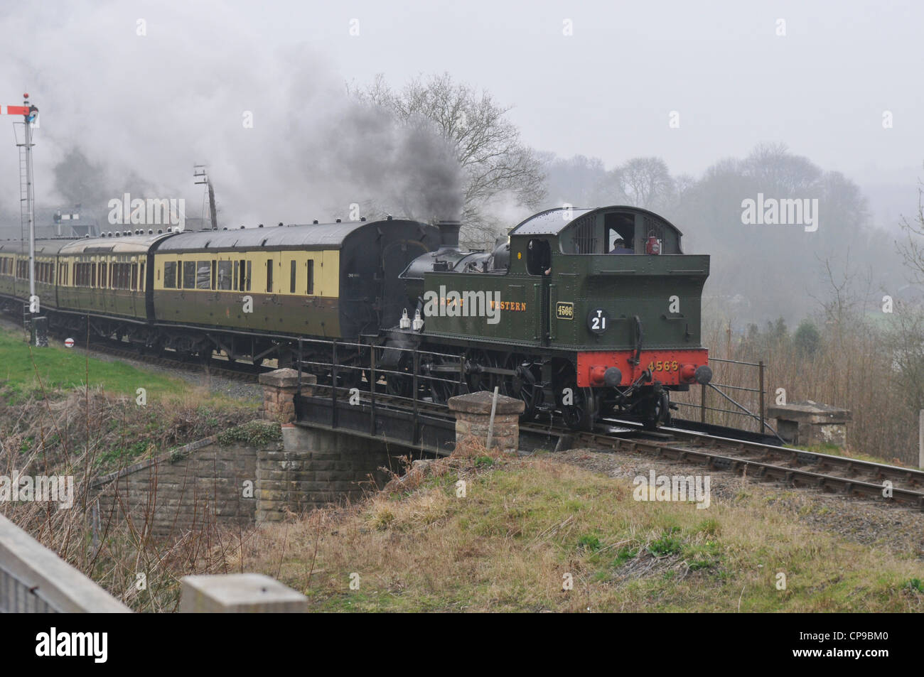 GWR prairie tank 4566 pulling a rake of GWR coaches out of Highley ...