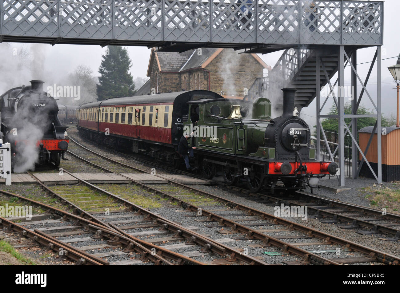 Steam engines 42968 and 69023 standing in Highley station during the ...
