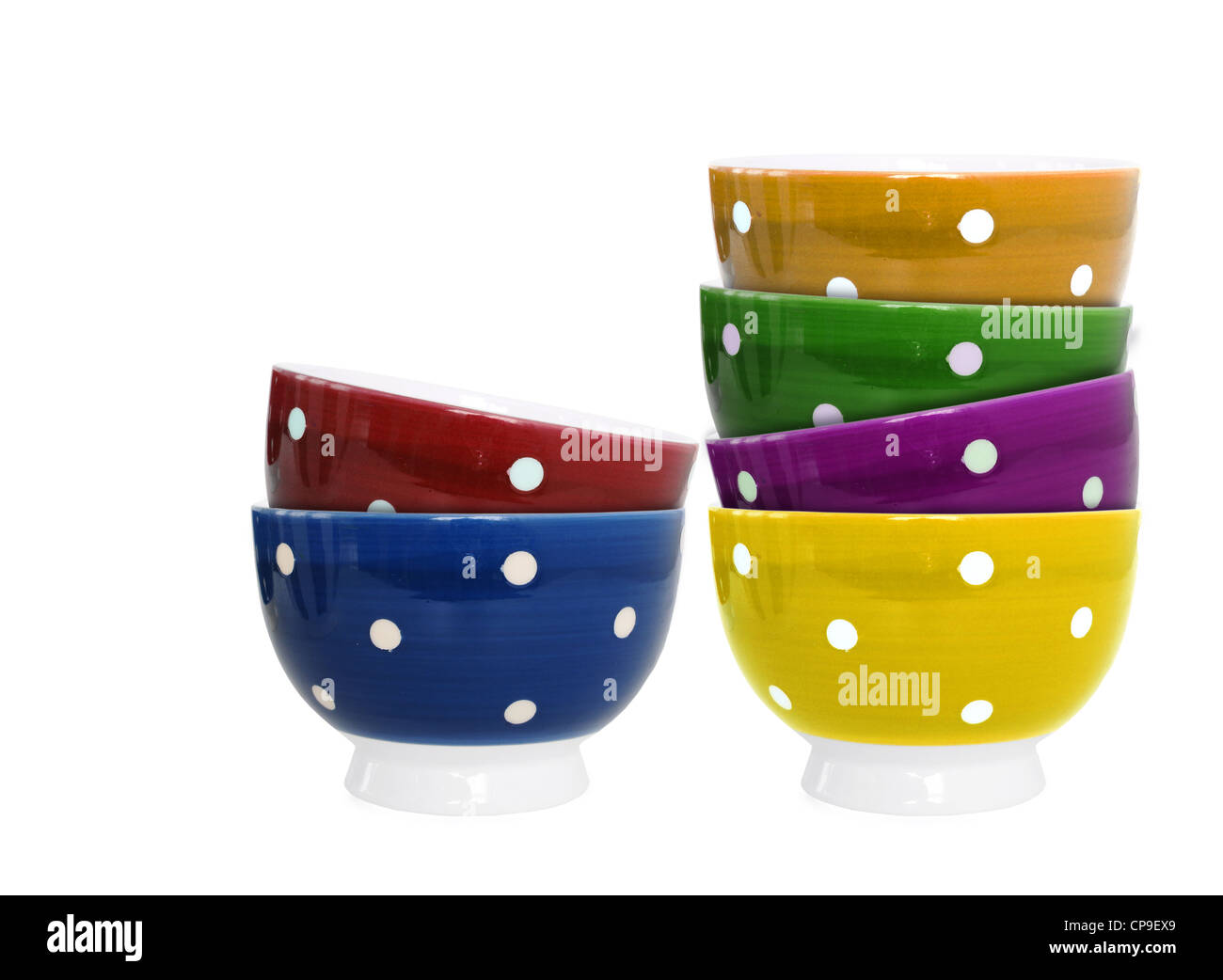 Six bowls in different colors on white background with copy space Stock ...