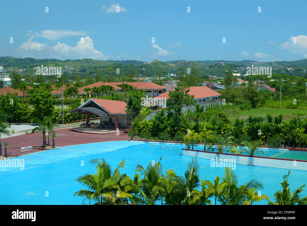 top view landscape of high-land suburb clubhouse with swimming pool ...