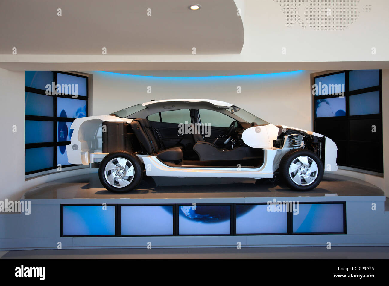 An electric car is displayed at the visitor center of Better Place ...