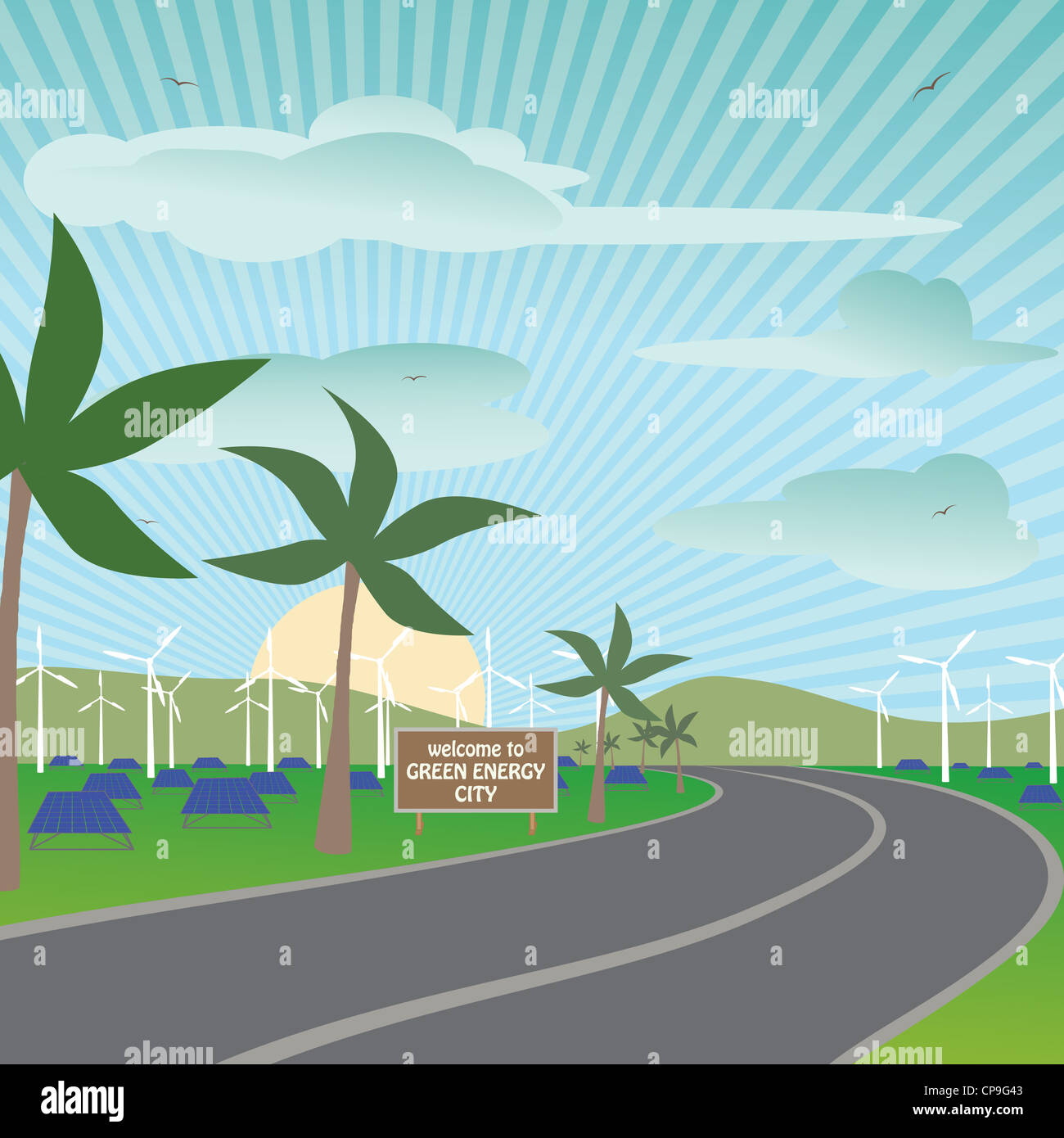 illustration of a city using renewable energy sources for their ...