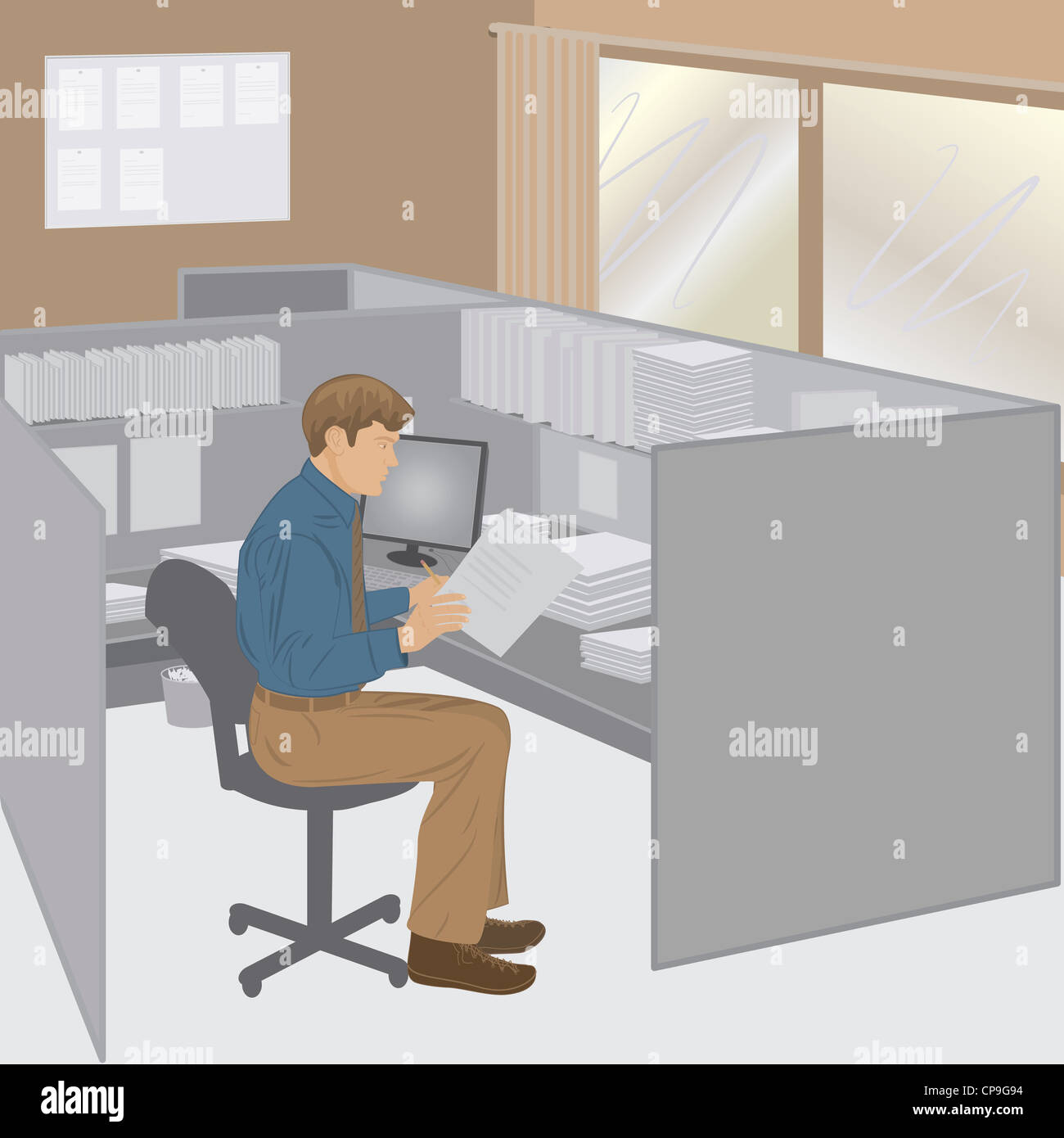 illustration of office worker in his cubicle Stock Photo - Alamy