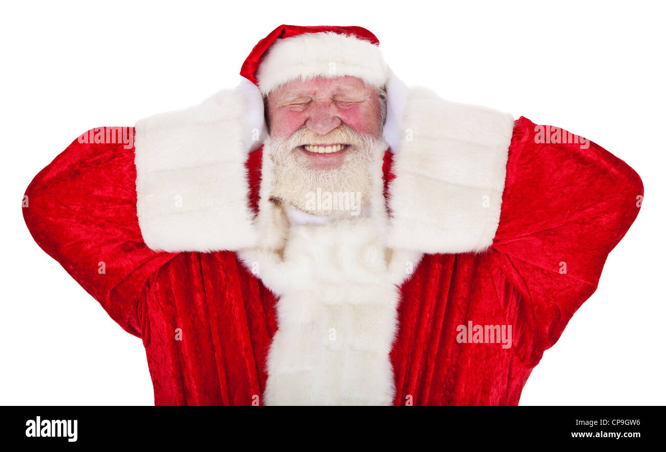 Santa Claus in authentic look keeps his ears shut. All on white ...