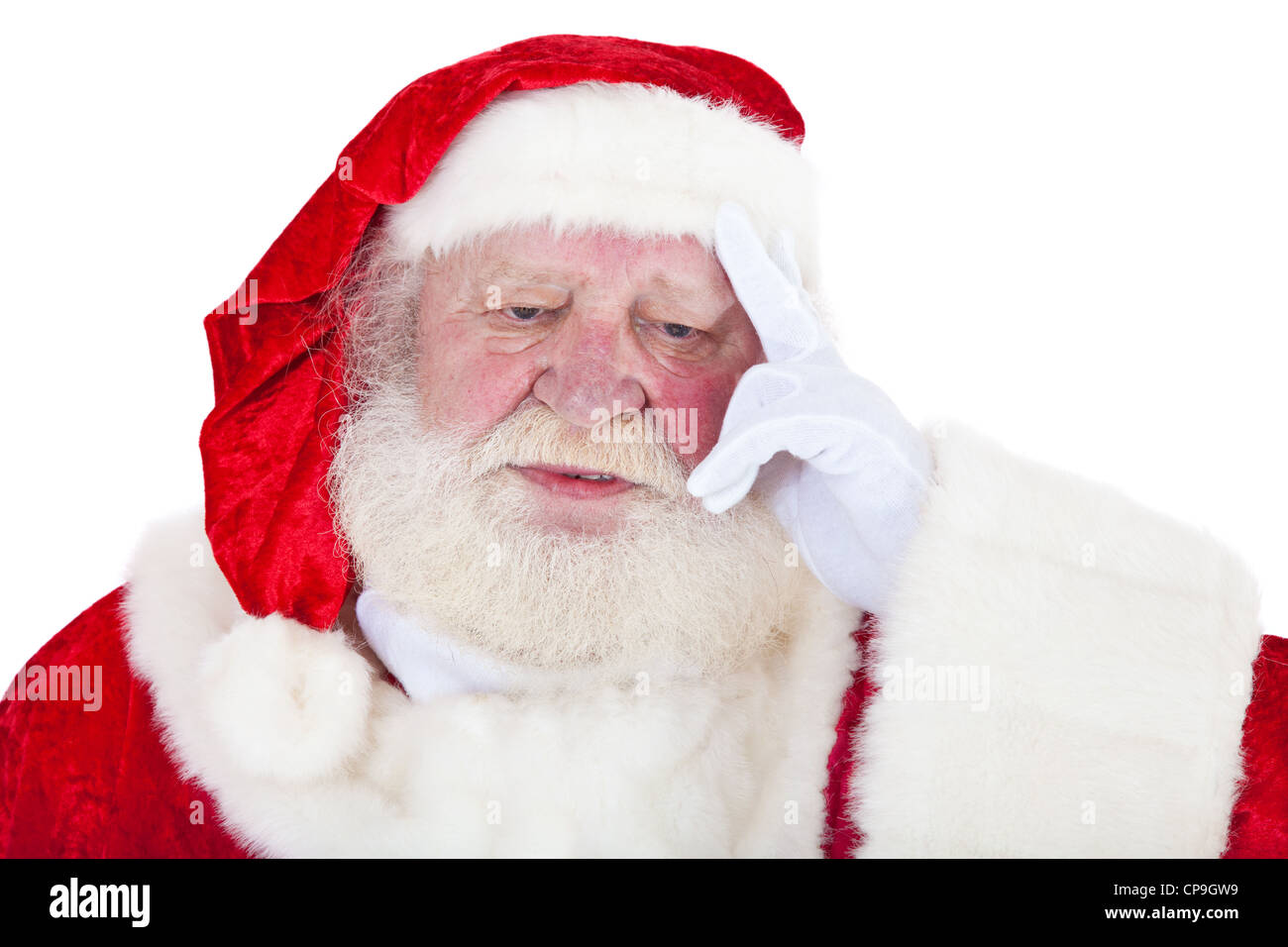 Stressed Santa Claus in authentic look pondering a decision. All on ...