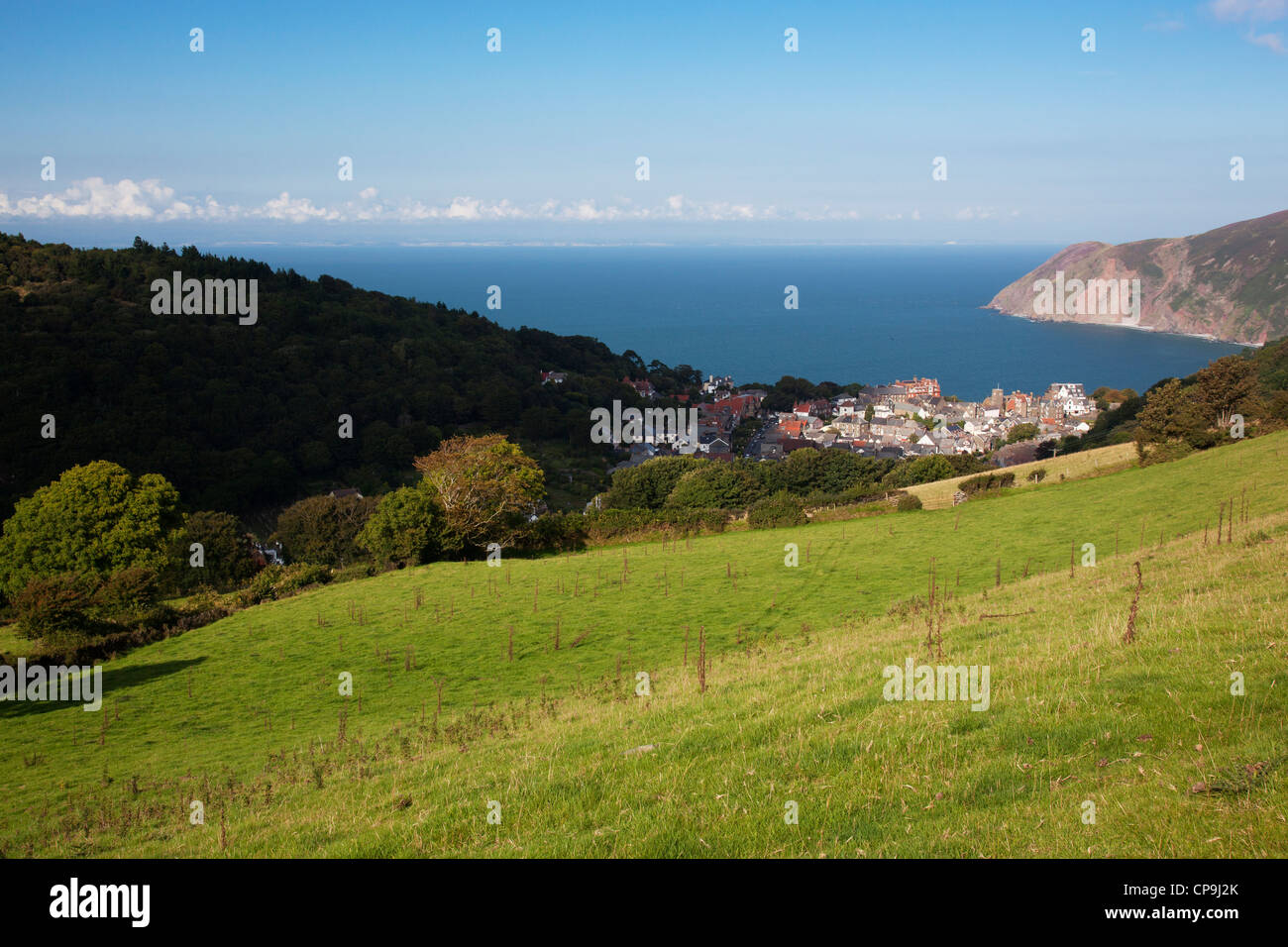 View from the countryside around Lynton to the small town of Lynmouth ...