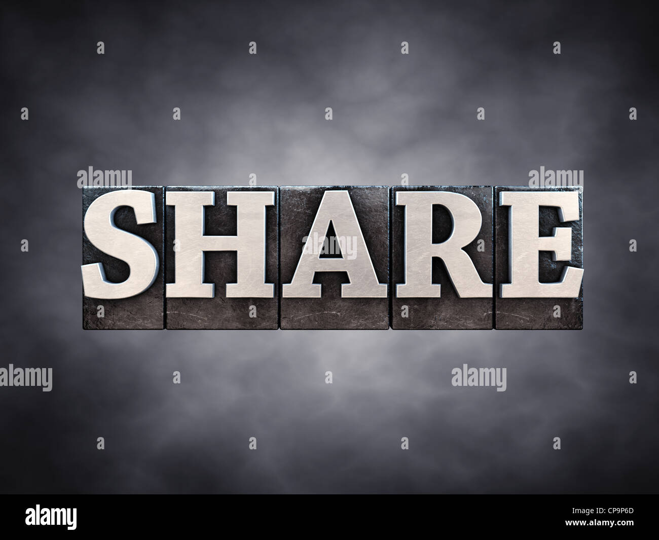 Share, letterpress typesetting on dark background , 3d illustration ...