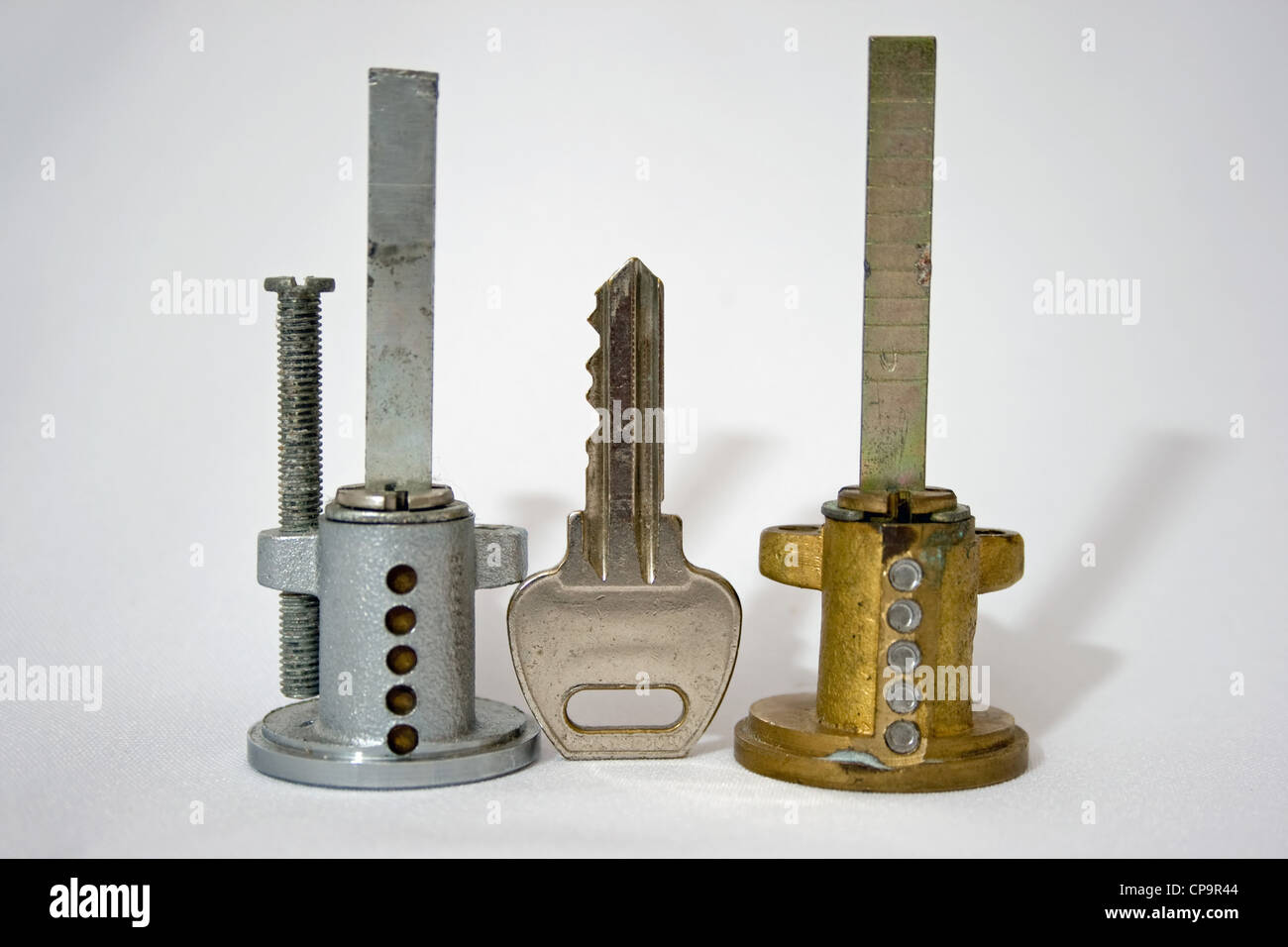 Two door lock with a key on a plain background Stock Photo - Alamy