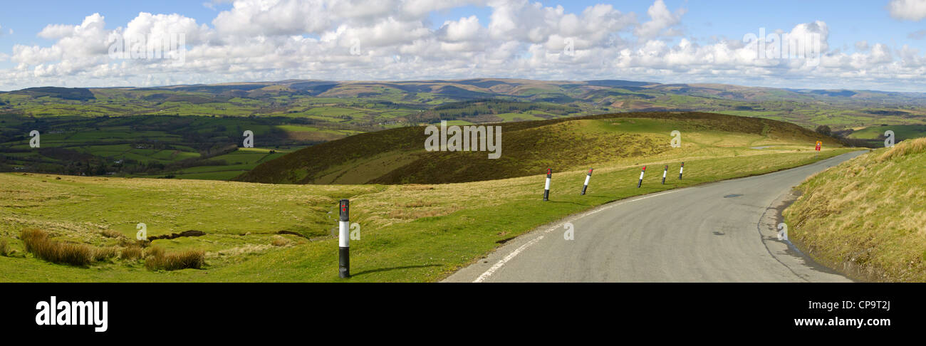 Panoramic view narrow road Welsh hills from the Mynydd Epynt, Wales UK ...