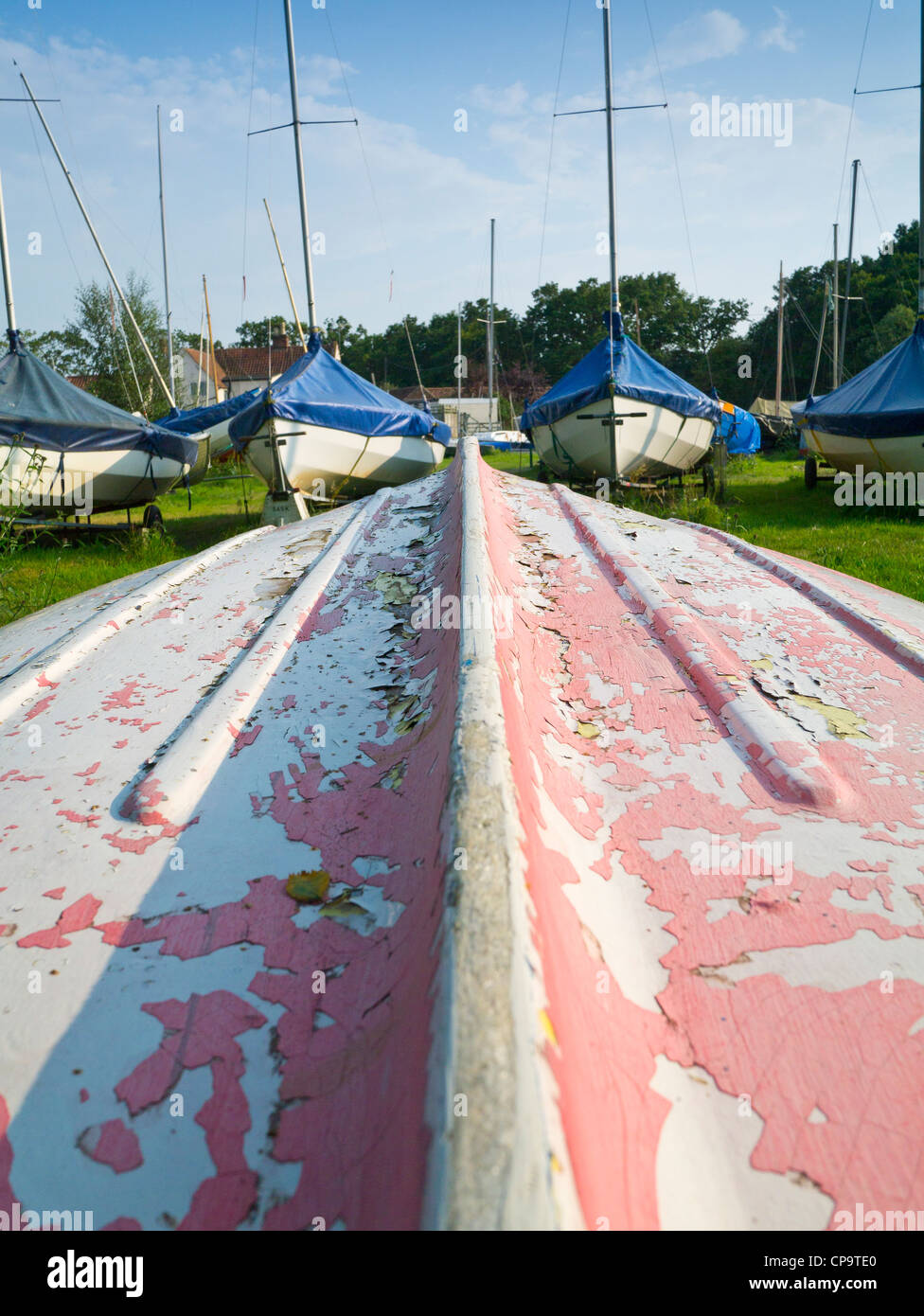 Upturned Boat Hull with Flaking Paint at Hickling Staithe Norfolk UK ...