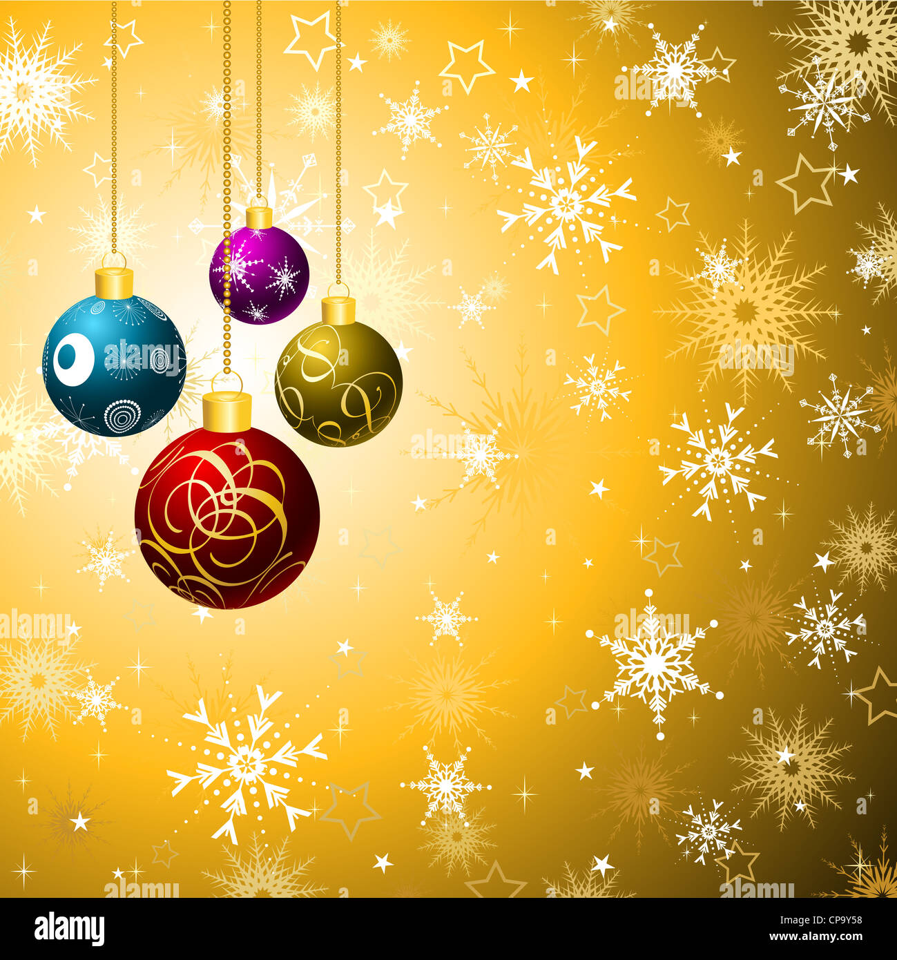 Hanging Christmas baubles on a gold snowflake background Stock Photo ...