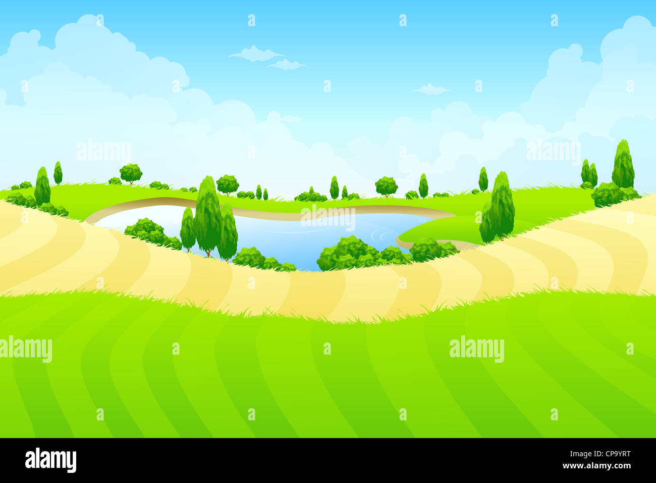 Green landscape with lake Stock Photo - Alamy