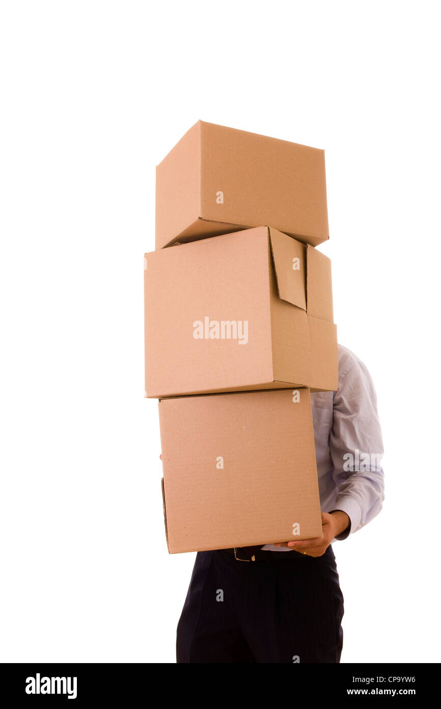 a businessman holding a pile of package parcels (isolated on white ...