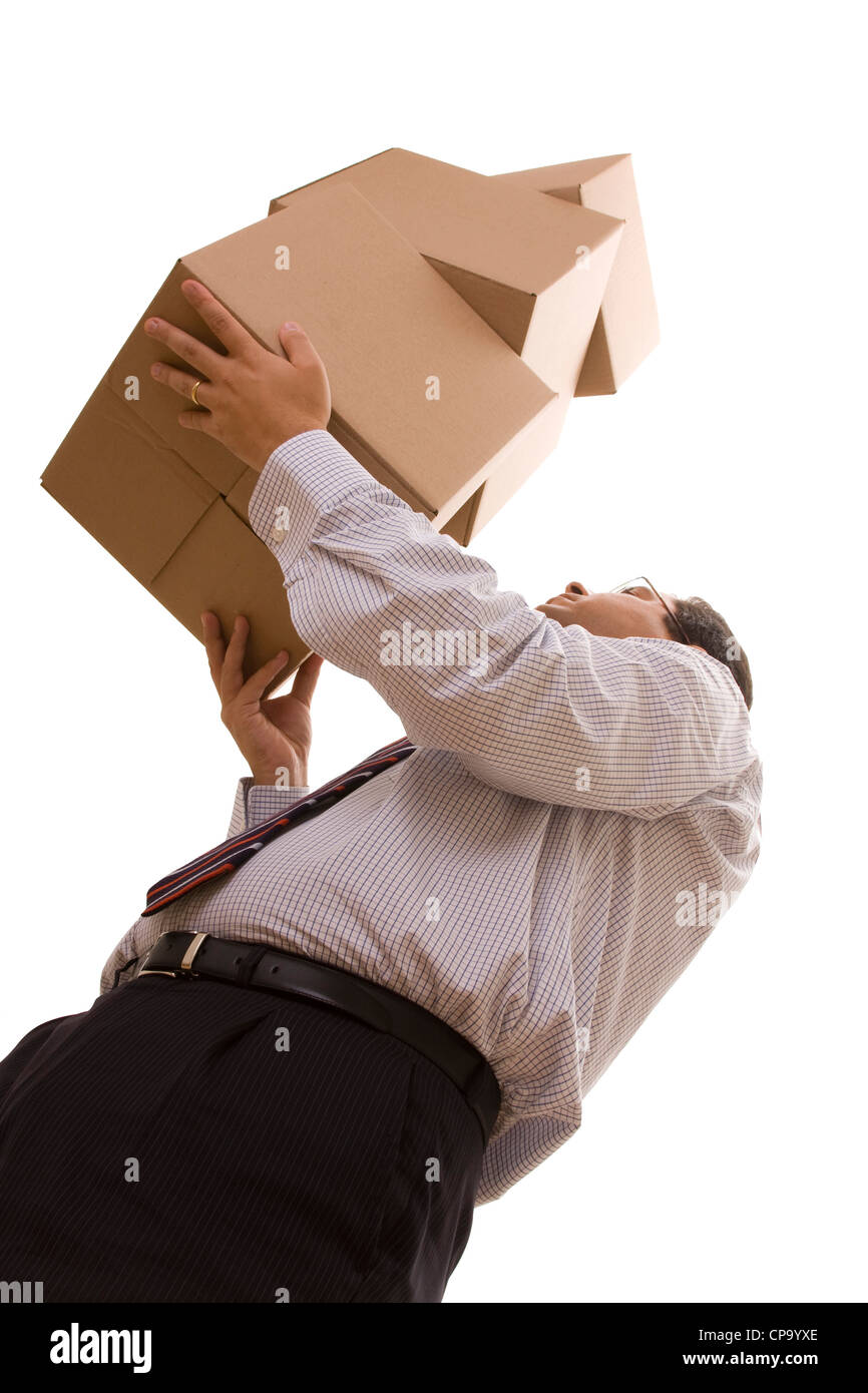 a businessman holding a pile of package parcels (isolated on white ...