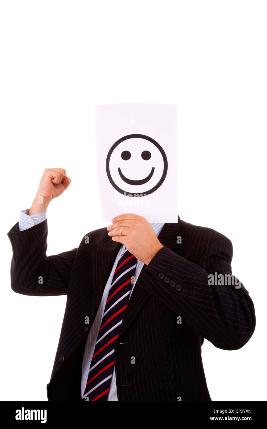 hypocrite businessman hiding behind a big smile symbol Stock Photo - Alamy
