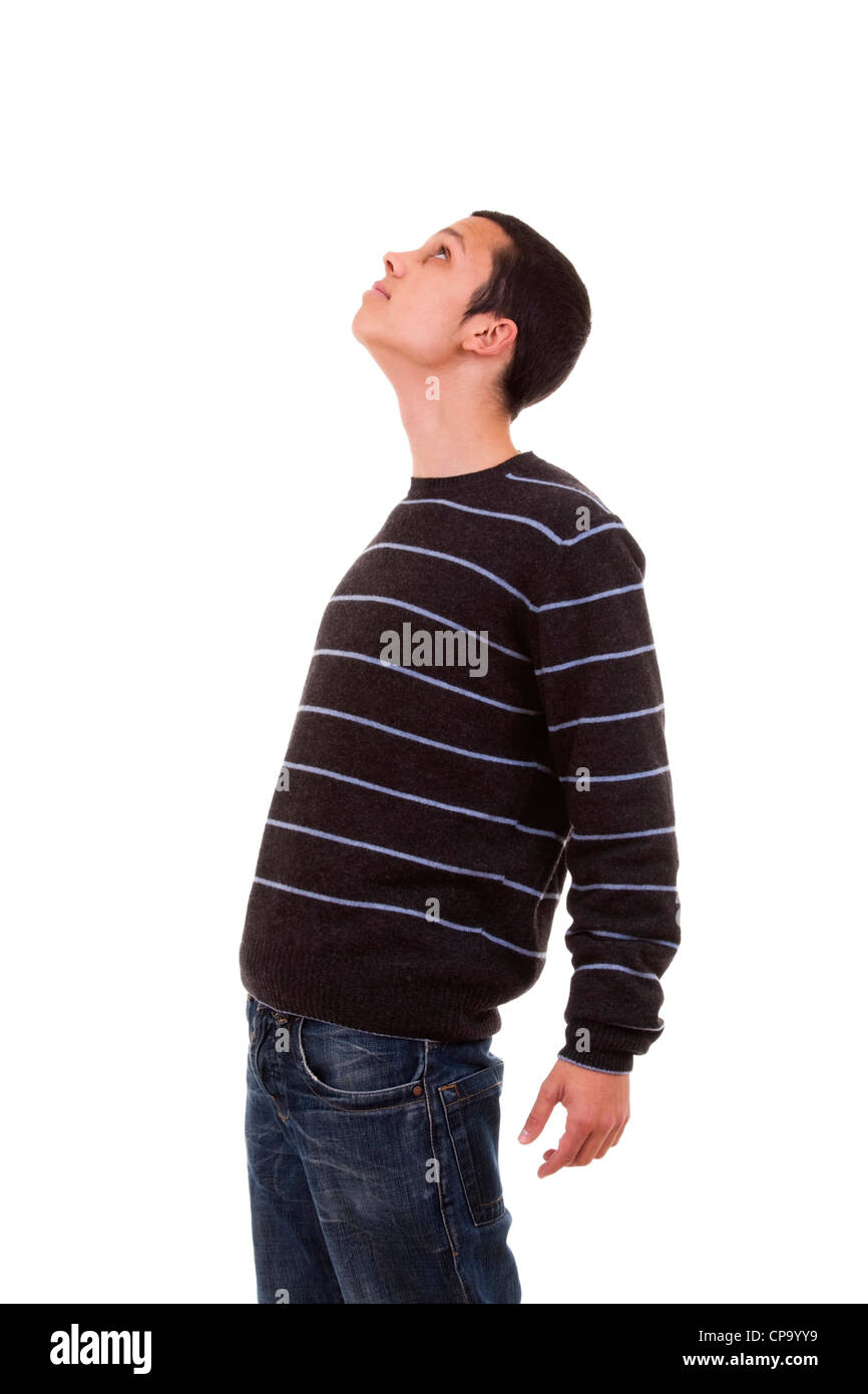 young man standing with his head looking up (isolated on white Stock ...