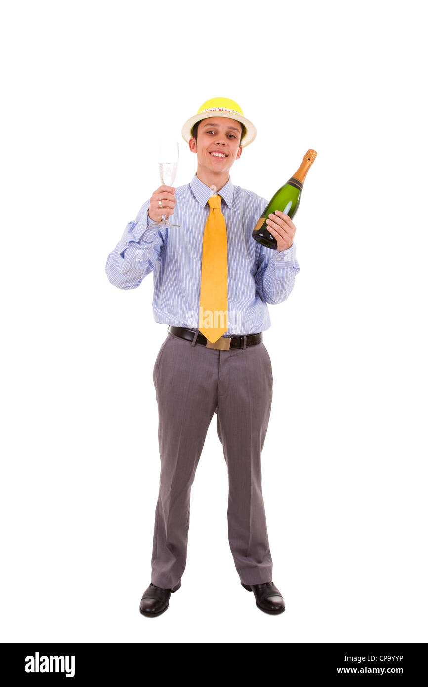 Happy Young Businessman Drink Champagne In New Years Eve Selective