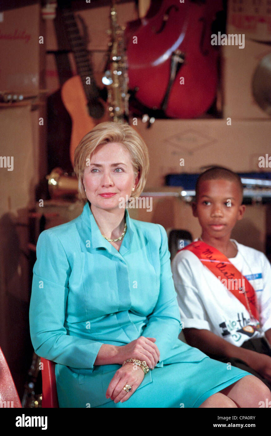 First lady Hillary Rodham Clinton sits with Troy Boston, 11, a 6th ...