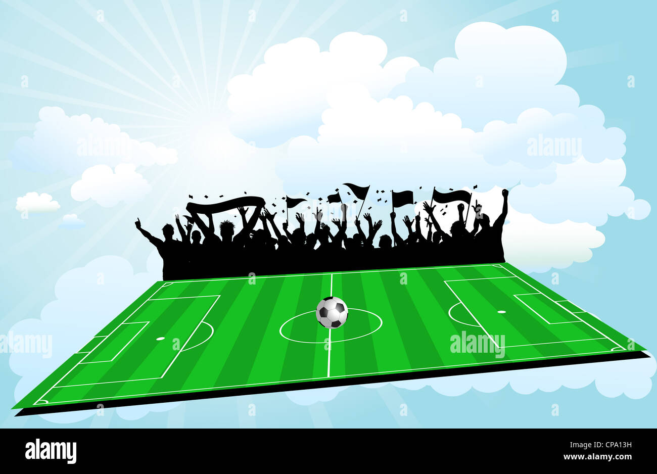 Football pitch background with cheering crowd against a blue sky Stock ...